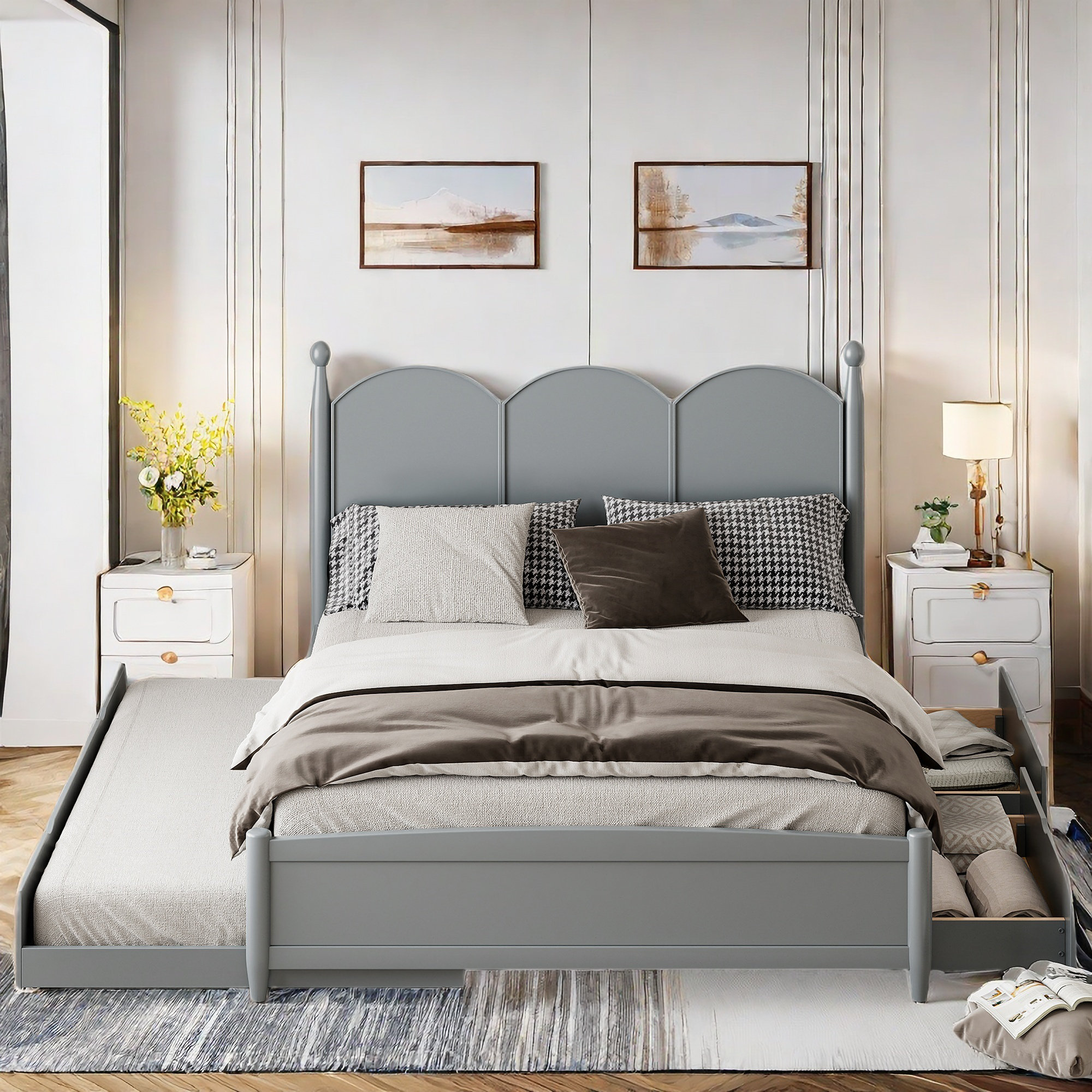 Lark Manor™ Sinclaire Bed With 2 Big Drawers, Trundle, Curved Headboard ...