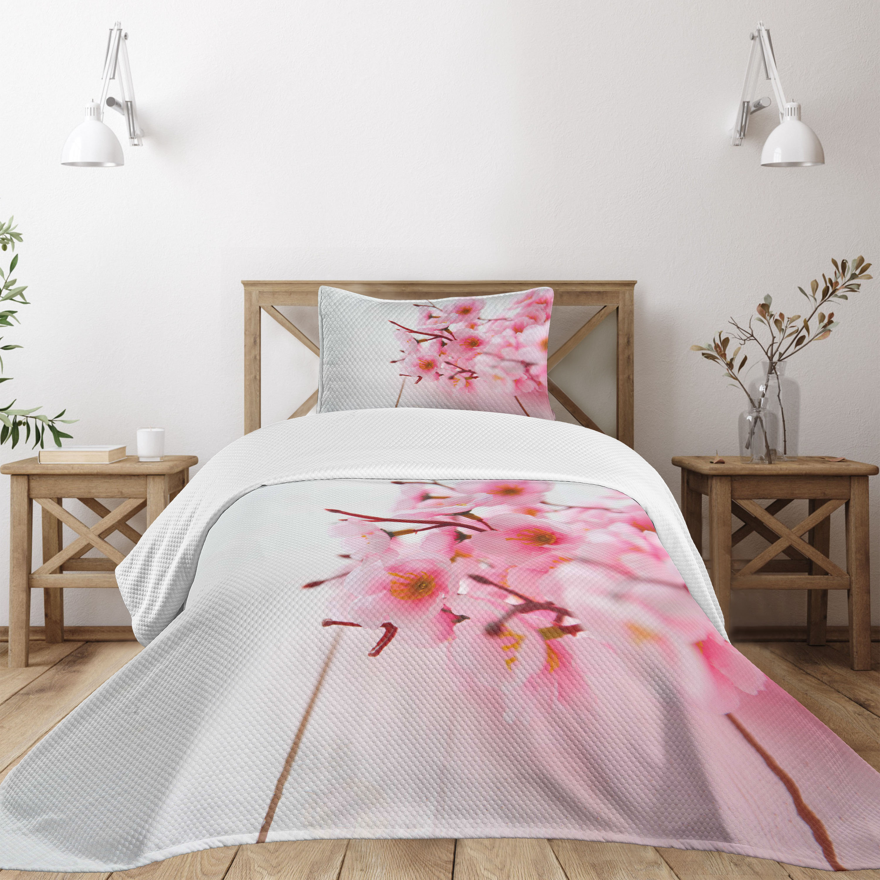 Ambesonne Floral Bedspread Set Cherry Blossom Petals Pale Pink White ...