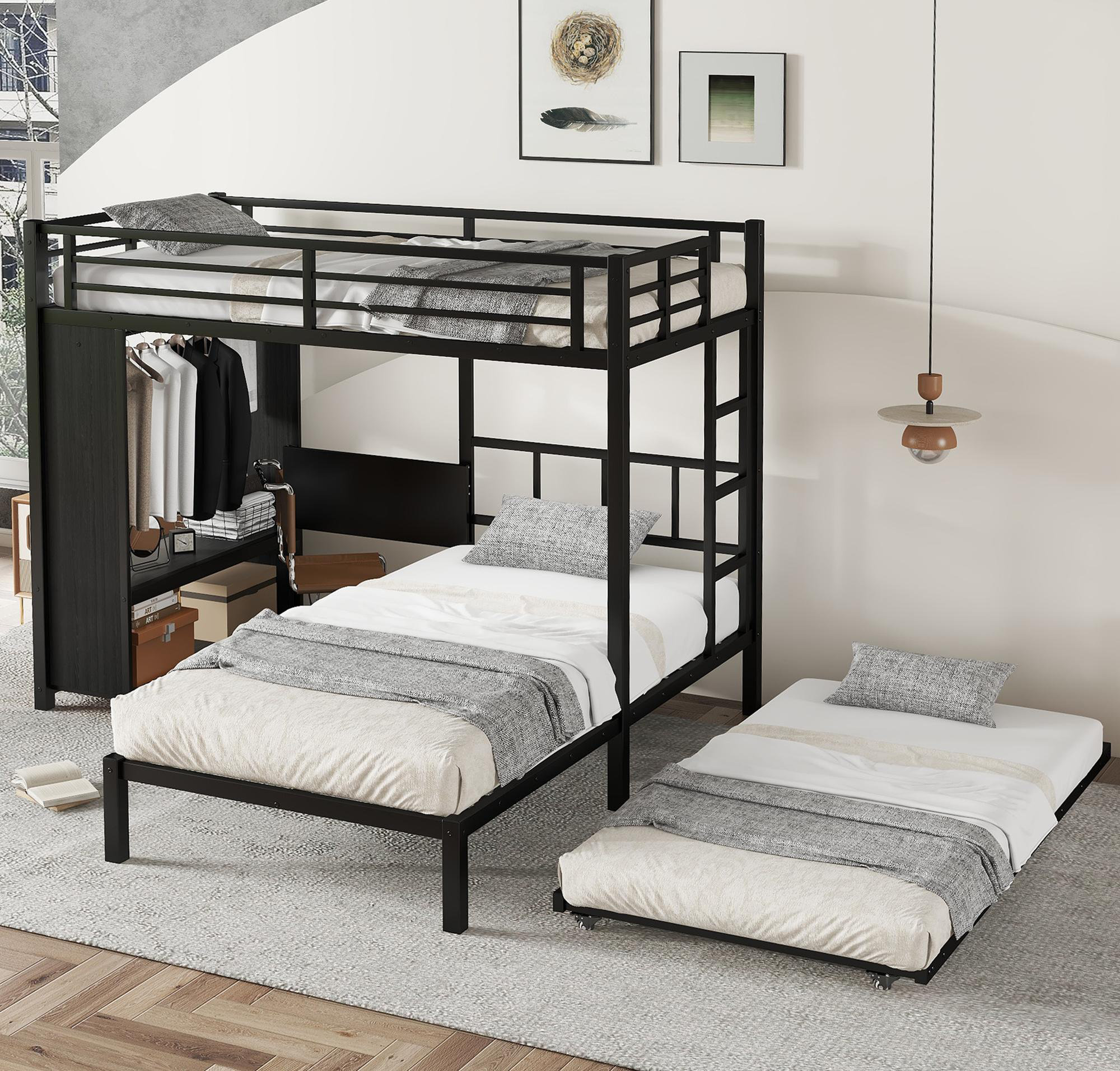COFVIAL Bunk Bed with Built-in Wardrobe, Metal Bunk Bed with Trundle ...