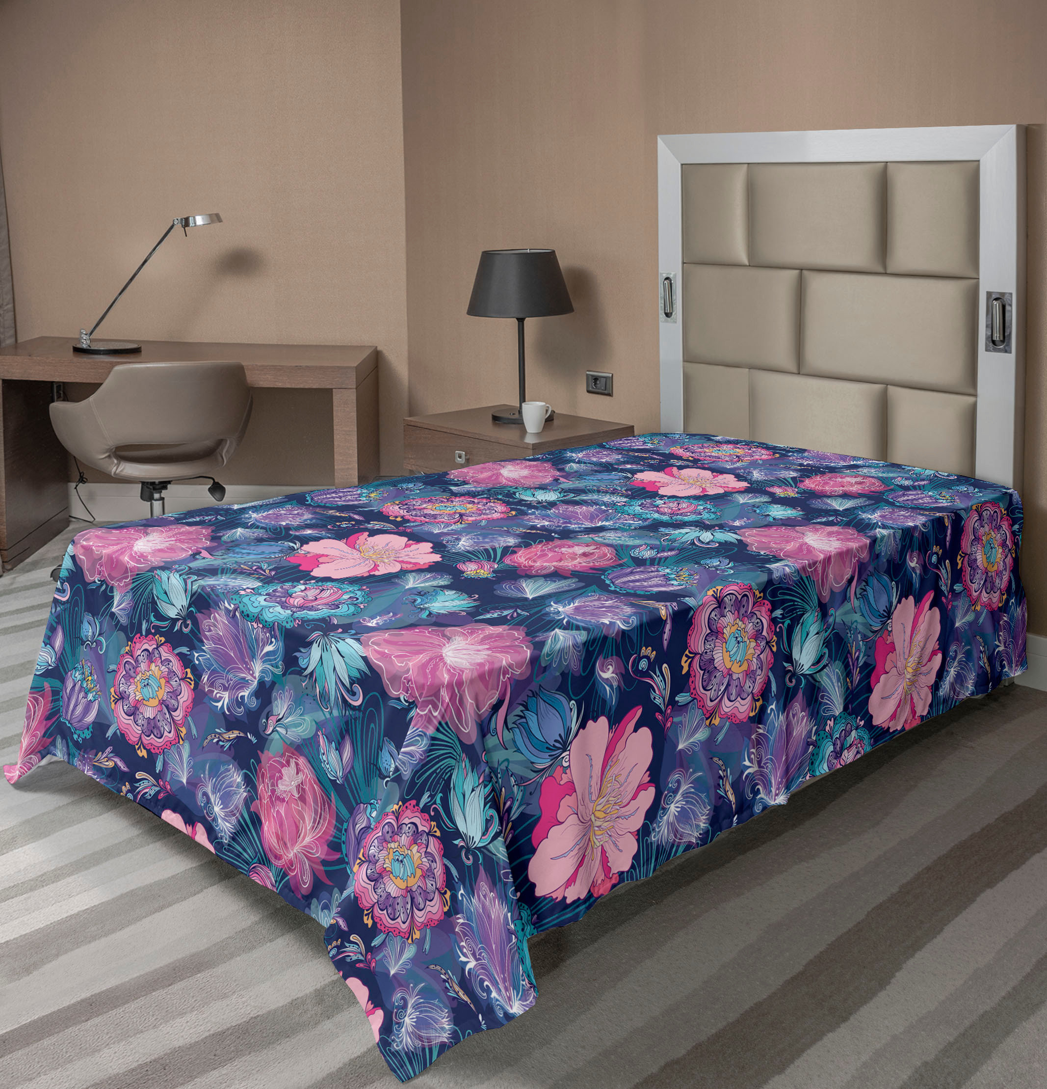 Ambesonne Floral Flat Sheet Lotus and Peonies Retro Art Night Blue and ...