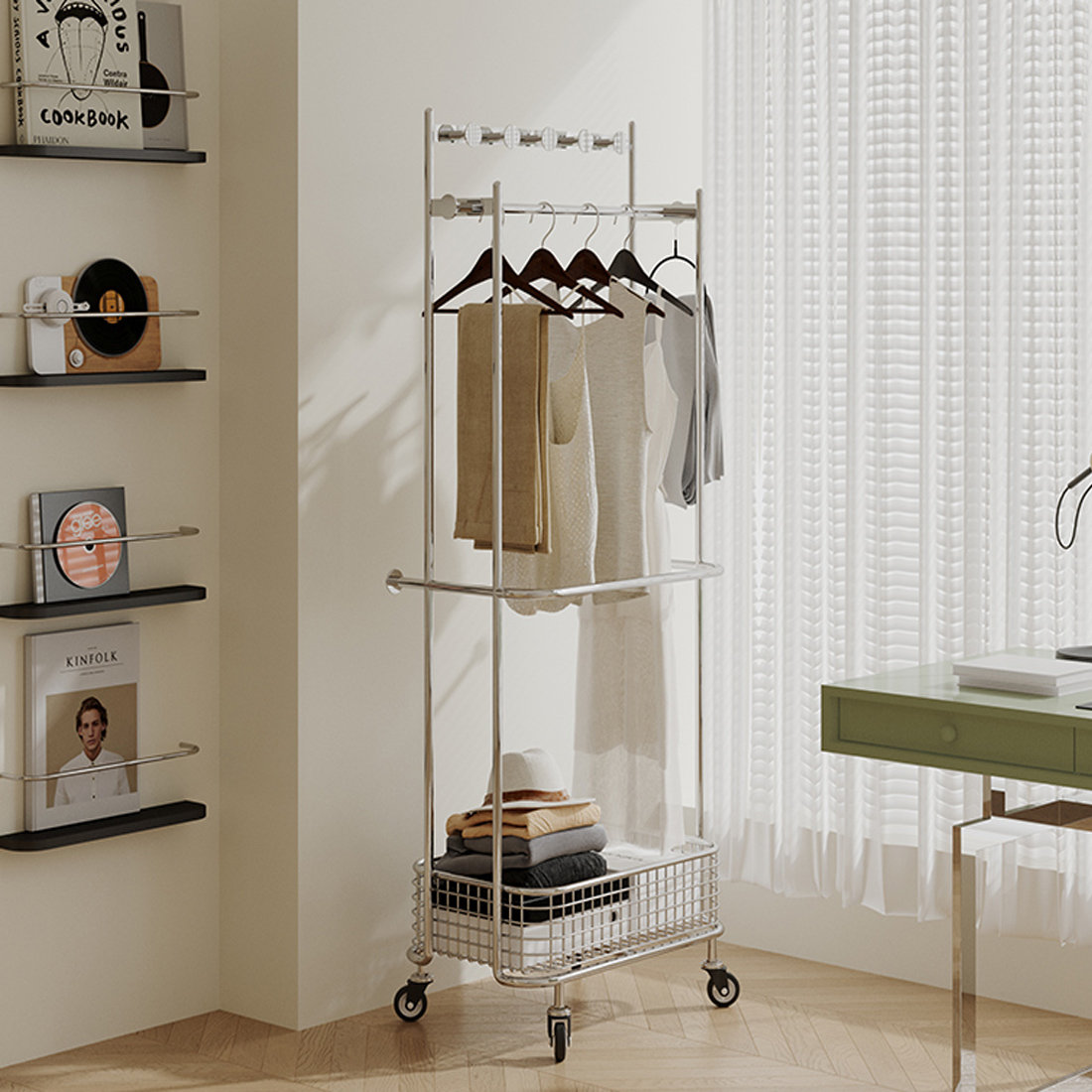 Orren Ellis Storage Coat Rack with Hanging Rod and Basket | Wayfair