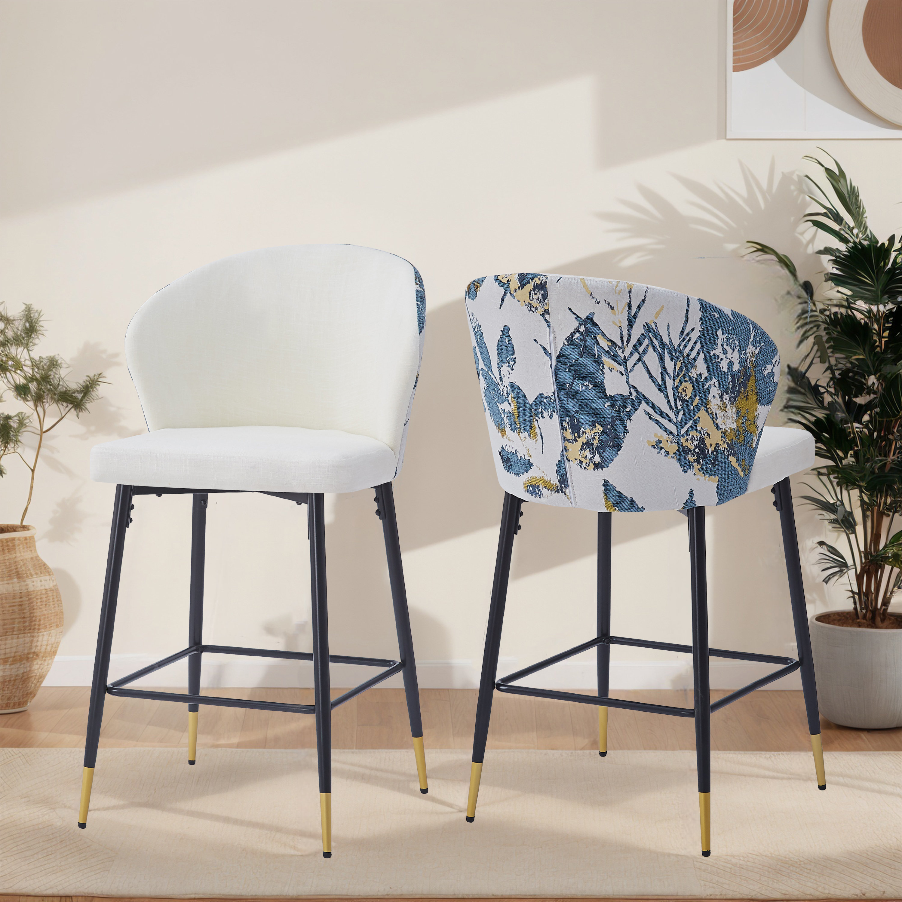 Mercer41 Upholstered Pattern Curved Back Bar Stools With Metal Frame ...