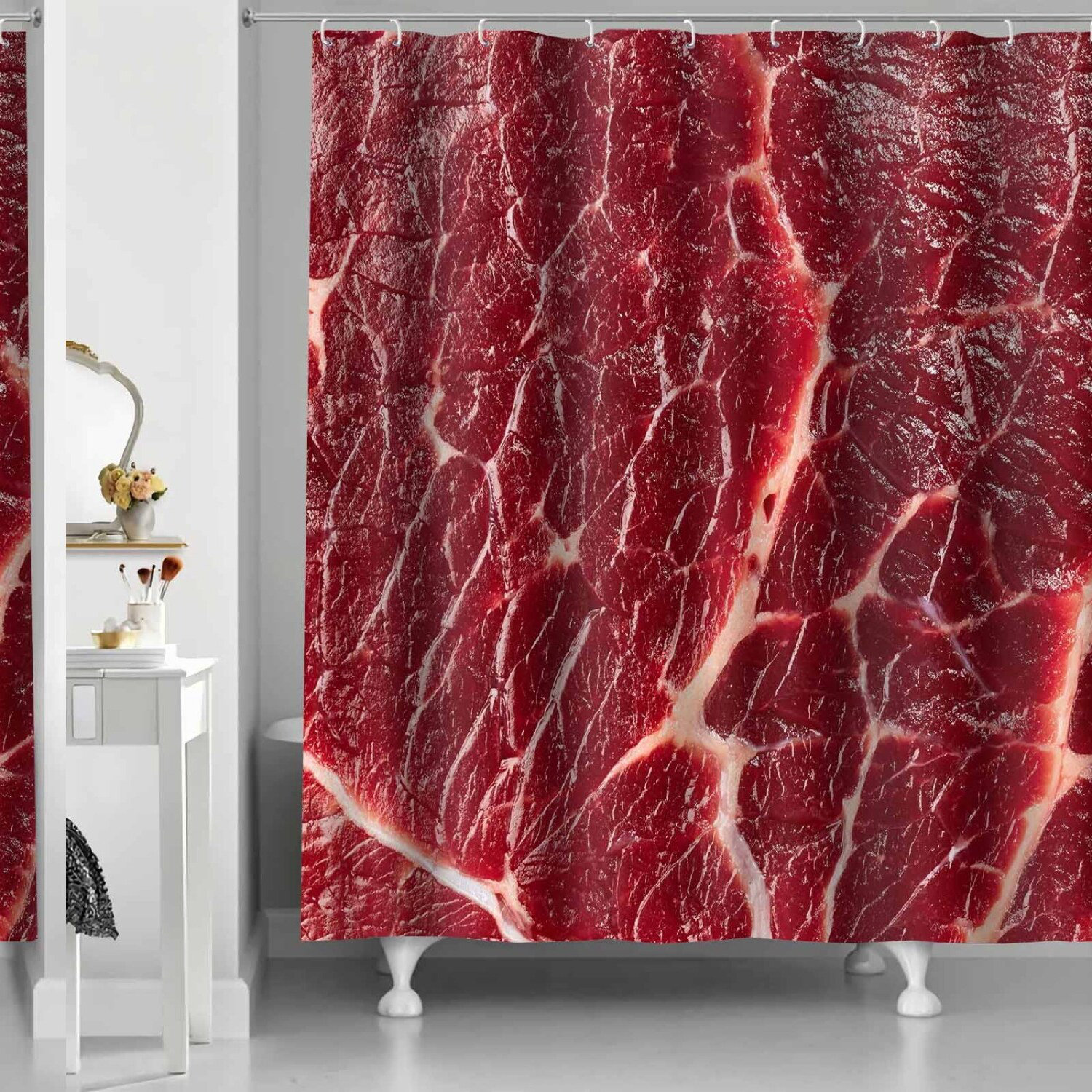 Brayden Studio PrimeCut Red Beef Shower Curtain - Polyester Meat Decor with 12 Hooks | Wayfair