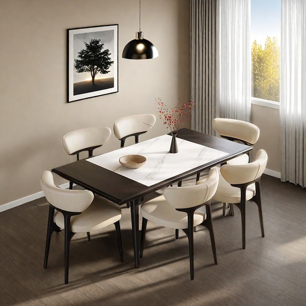 Sleek Surface Designs Durable Ash Wood Inlaid Rock Slab Dining Table Set | Wayfair
