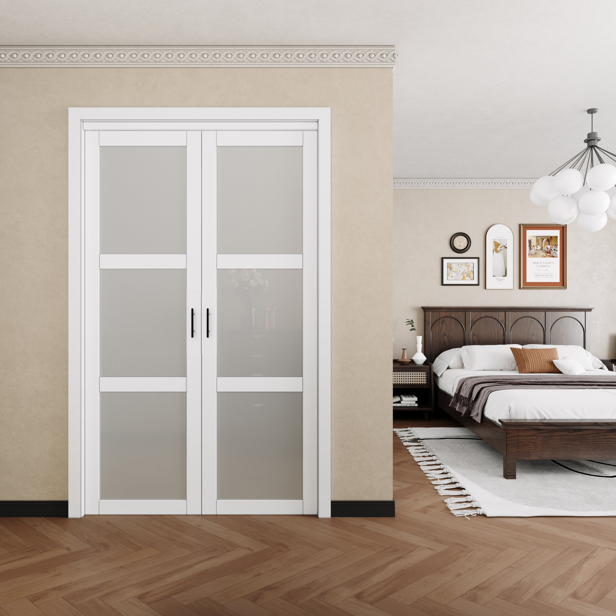 Home Worthy 3 Lite Forested Glass White French-Pivot Pantry Closet Door ...