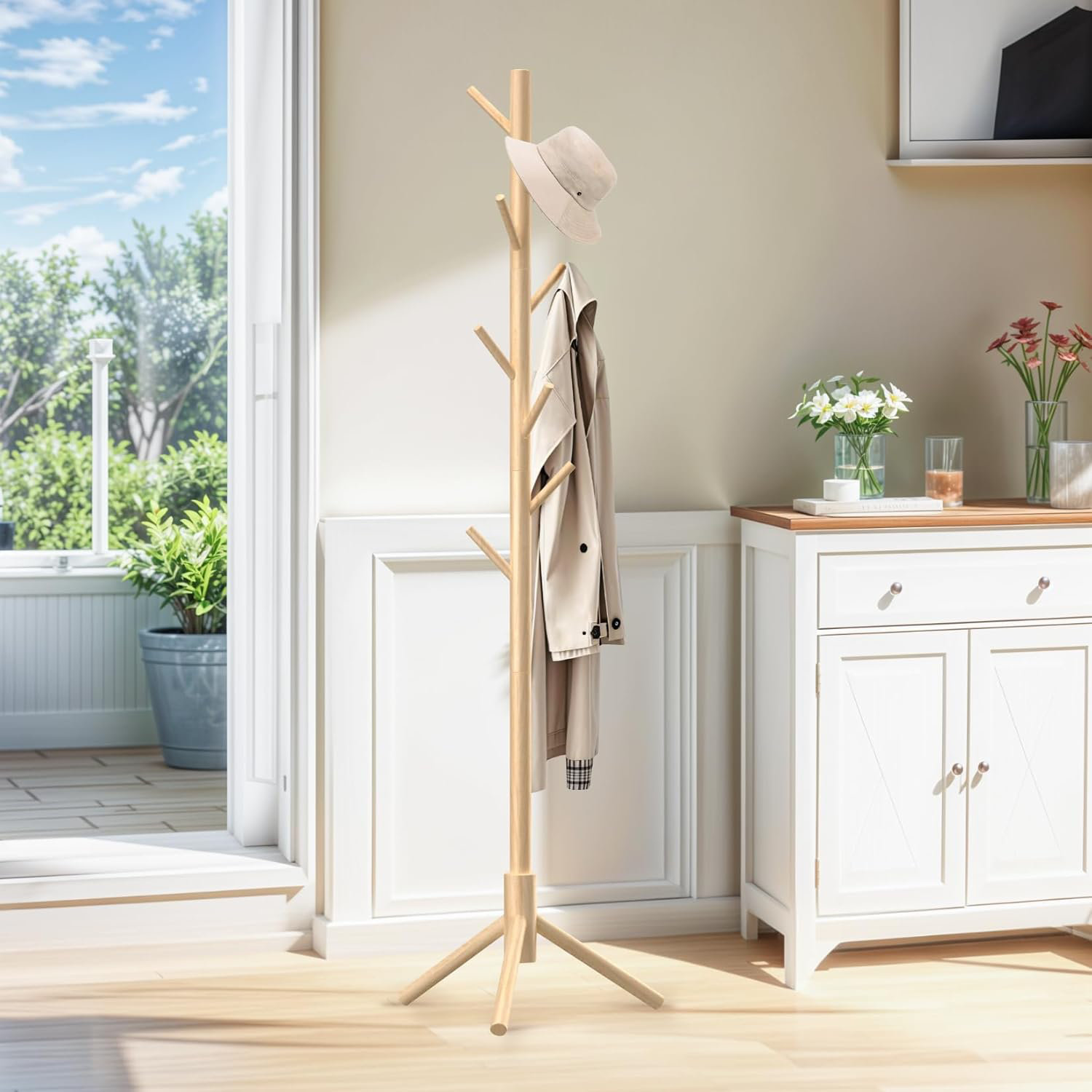 George Oliver Wooden Coat Rack Freestanding With 8 Hooks,Easy Assembly ...