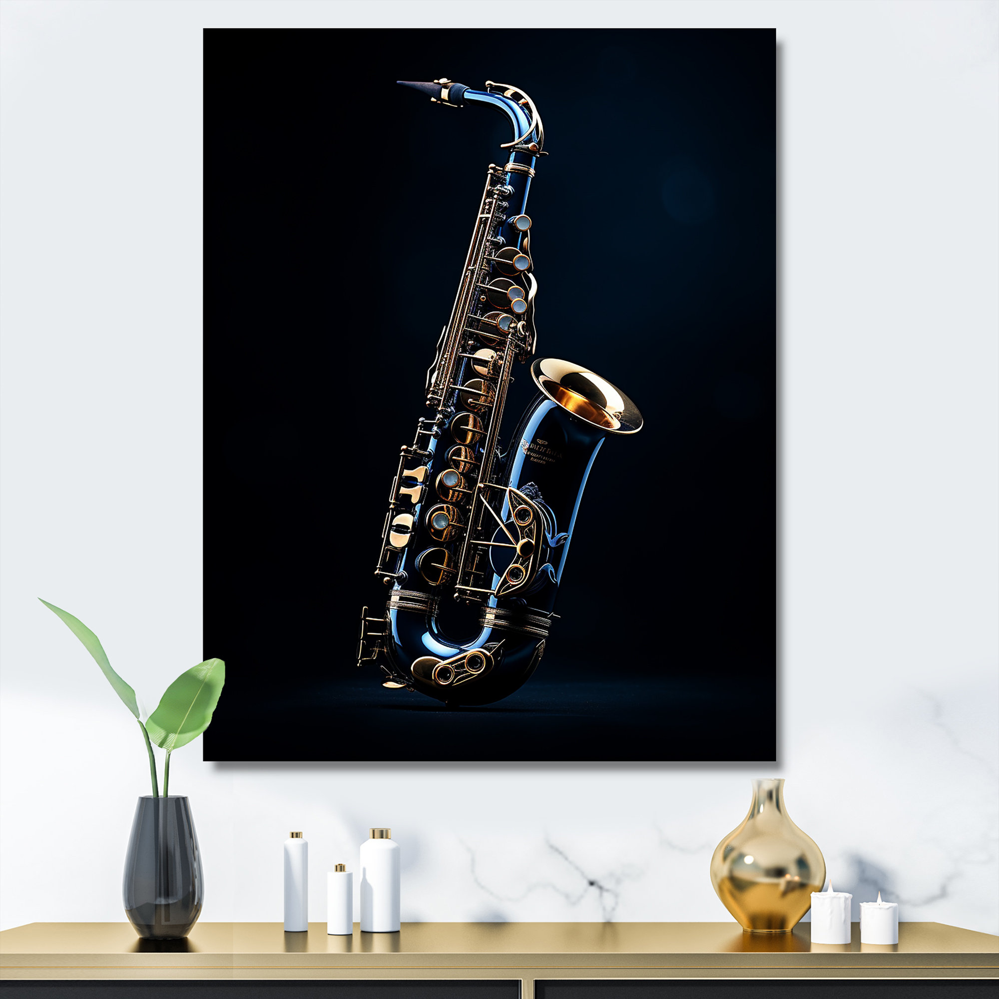 Design Art Saxophone Midnight Blue I - Music Framed Wall Art | Wayfair