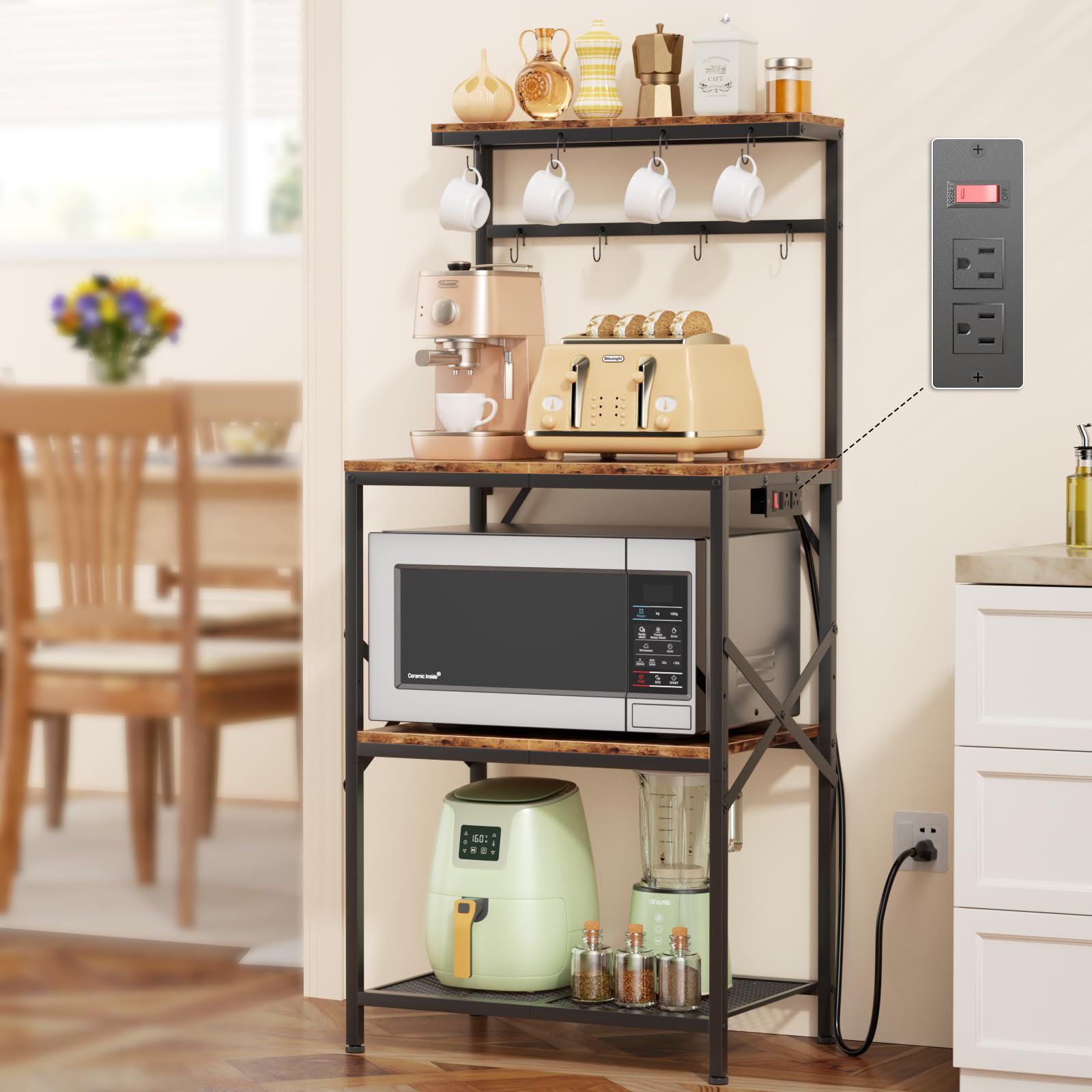 17 Stories Kitchen Bakers Rack With Power Outlet, Small Coffee Bar Cart 4 Tiers, Microwave Stand ...