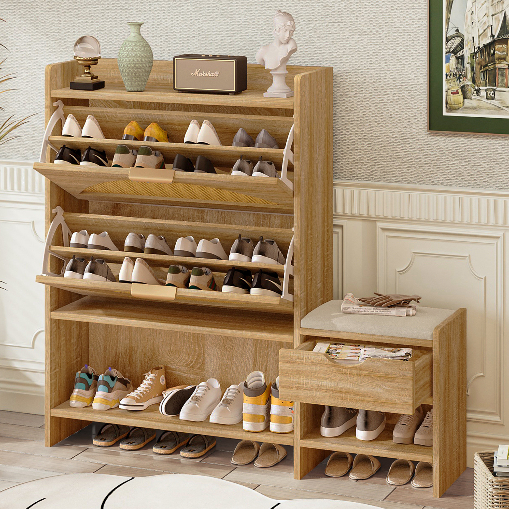 Rosecliff Heights shoe cabinet with bench, 2 flip-up drawers and open ...