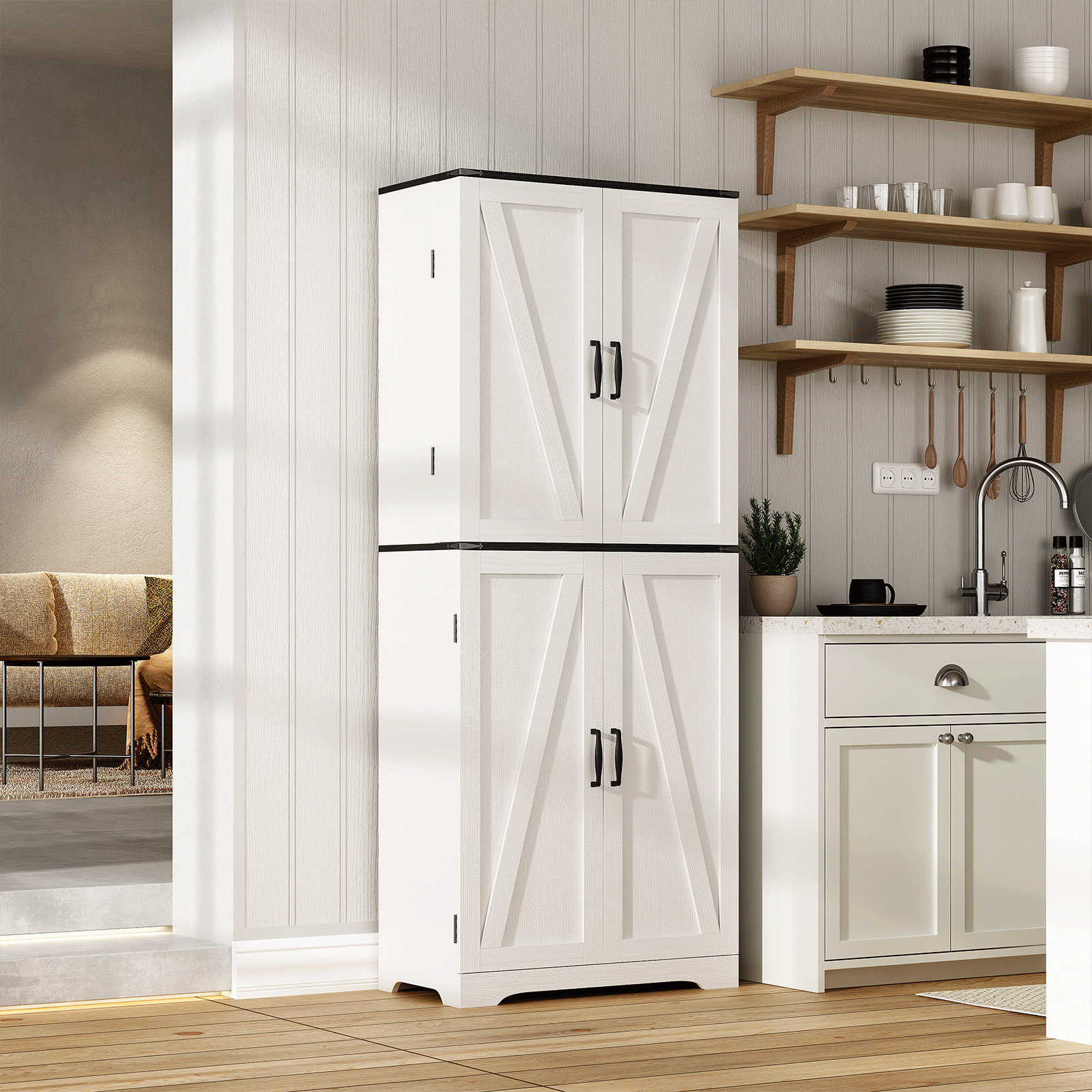 Redlife 72" Tall Kitchen Pantry Storage Cabinet with Barn Doors Food ...