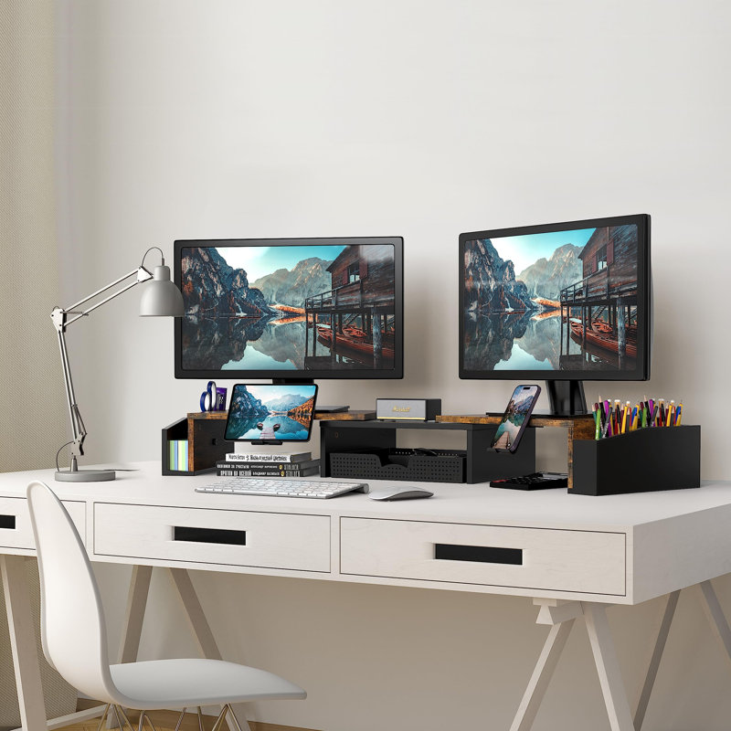 17 Stories Desk Dual Monitor Stand Riser With Drawer | Wayfair