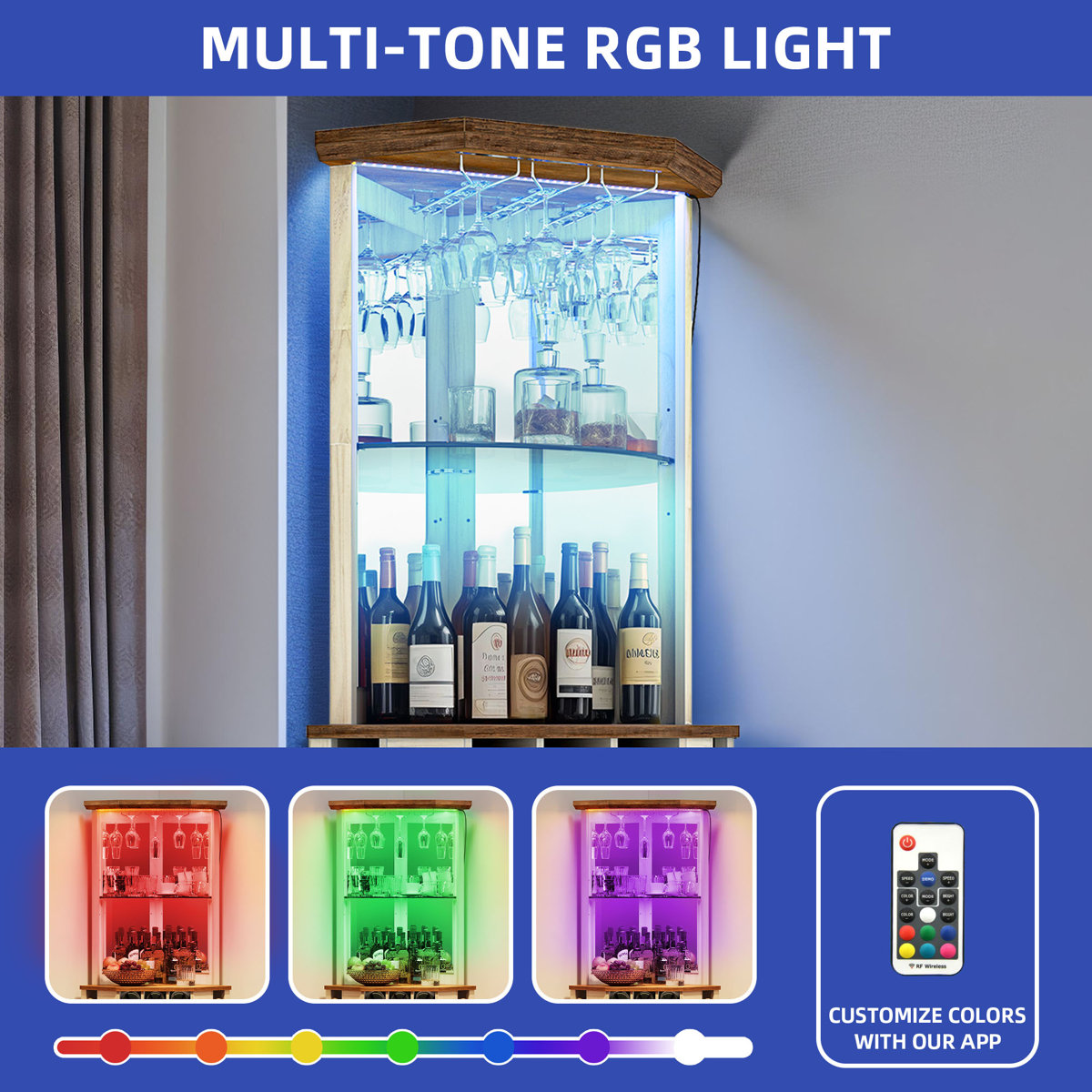 Gracie Oaks Sophisticated Corner Wine Bar Cabinet with LED Ambience and ...