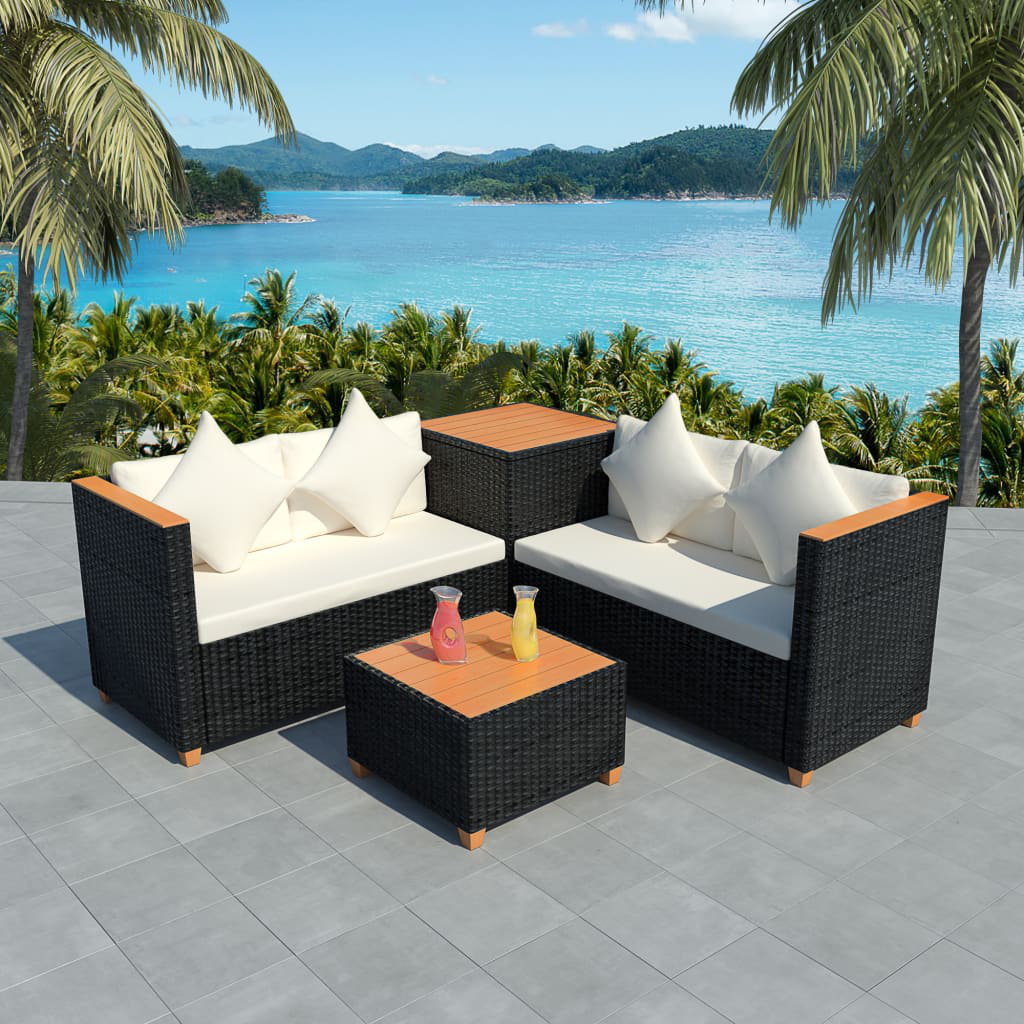 Ivy Bronx 4 Piece Patio Lounge Set with Cushions Poly Rattan Black ...