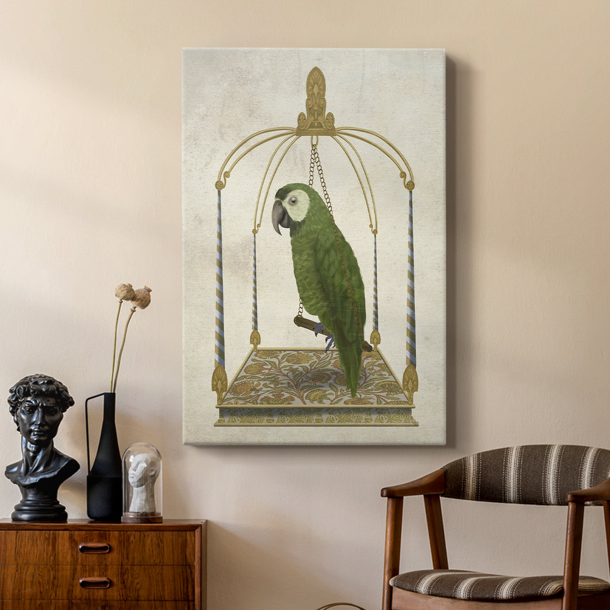 Astoria Grand Green Parrot on Swing -Custom Wrapped Gallery Cavas | Wayfair