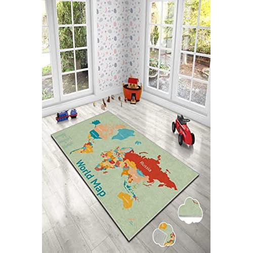 Ebern Designs Light green Map Soft Machine Washable Stain ...