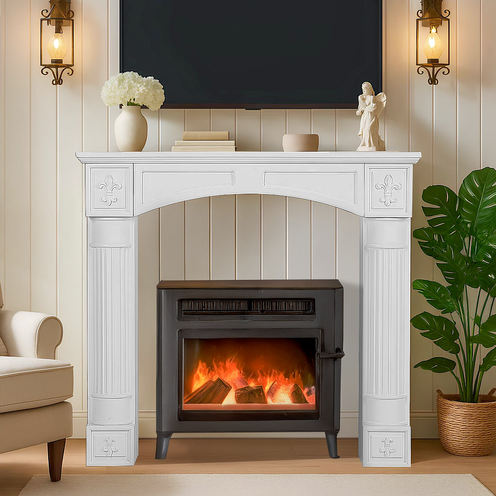 Winston Porter Modern Fireplace Mantel, 43.27" White Wooden Fireplace ...