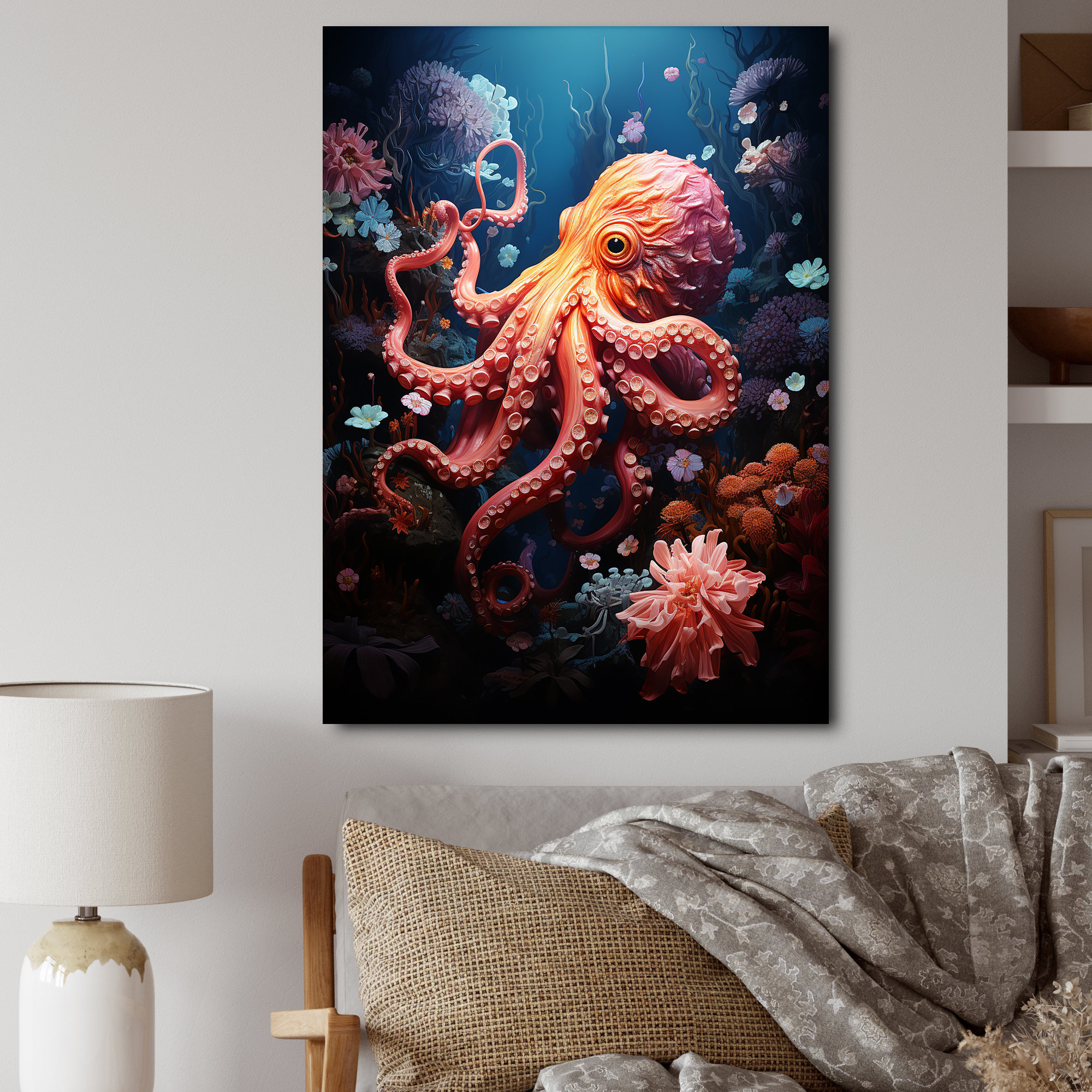 Bay Isle Home™ Coral Teal Octopus Dance - Animals Canvas Art Print ...