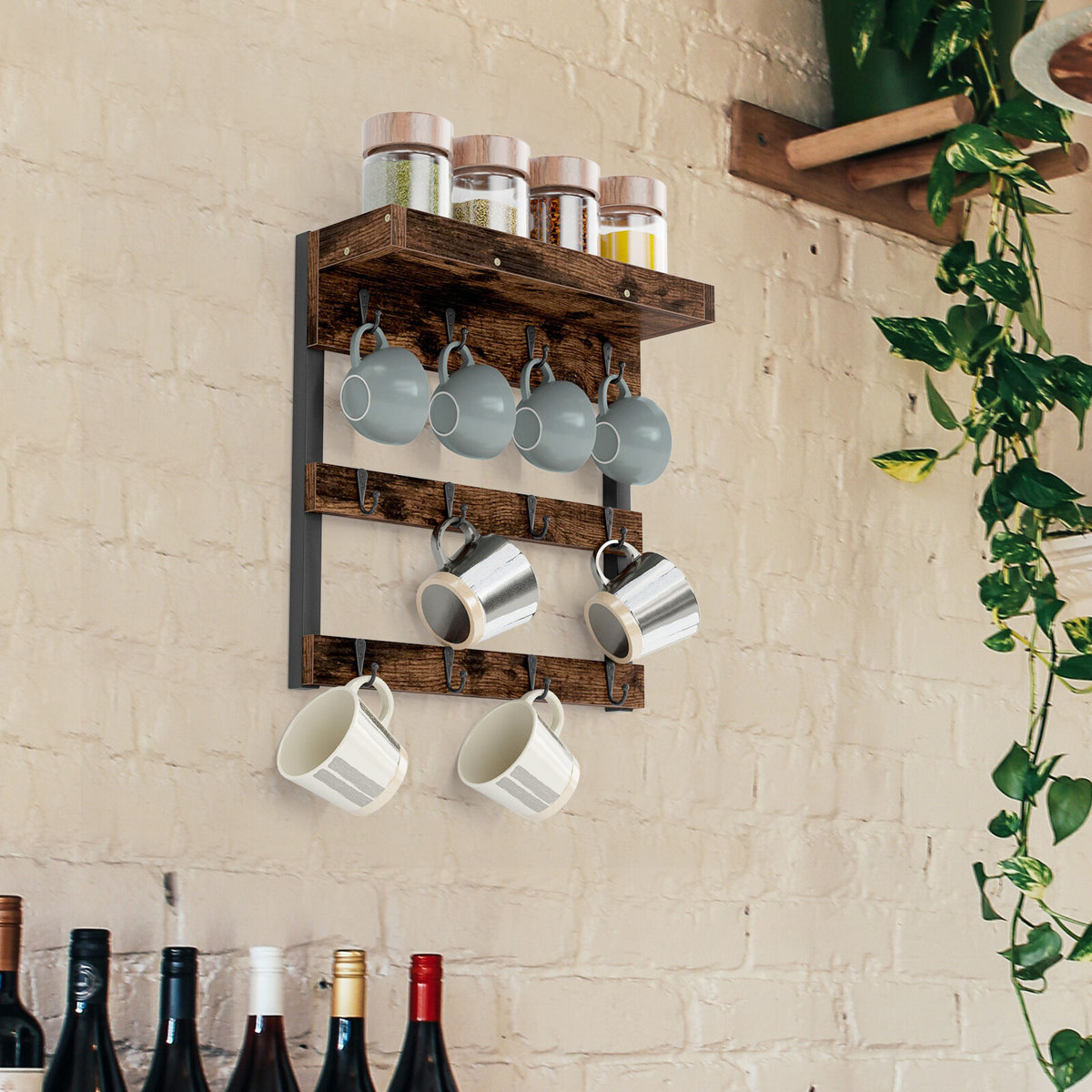 Loon Peak® Cottie Wood Rustic Coffee Mug Holder Rack Wall Mounted Shelf ...