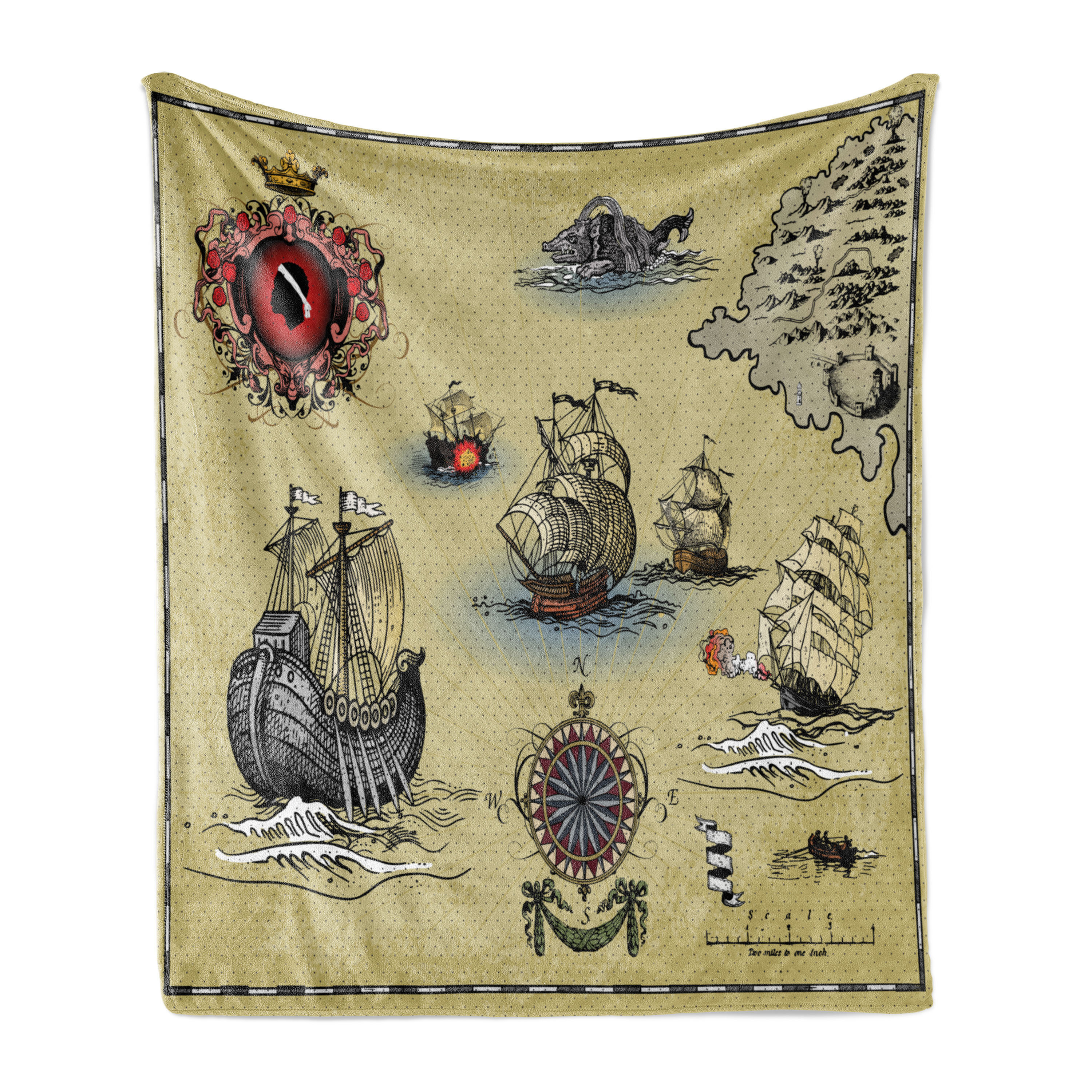 Ambesonne Hand Drawn Fleece Throw Blanket Antique Map Pirate Beige Red ...