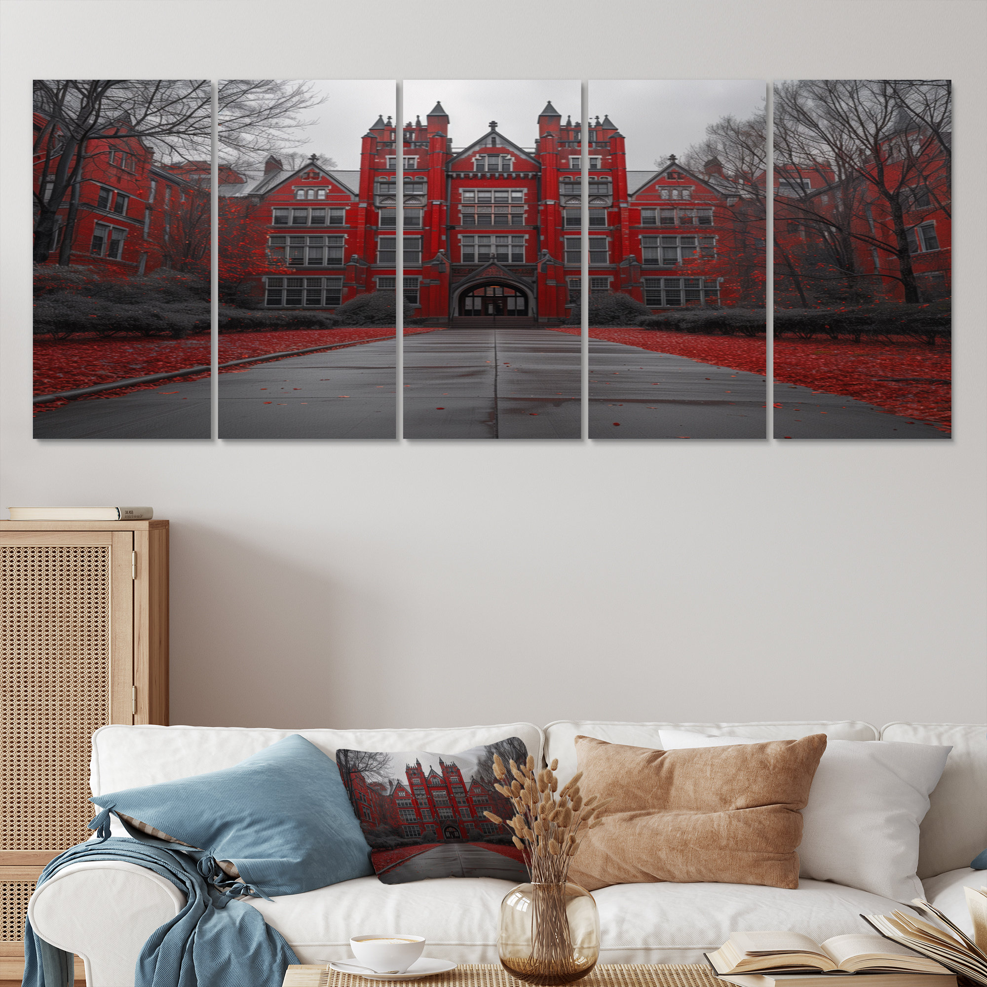 Ebern Designs Monochrome Grey And Red University Building IV - College ...