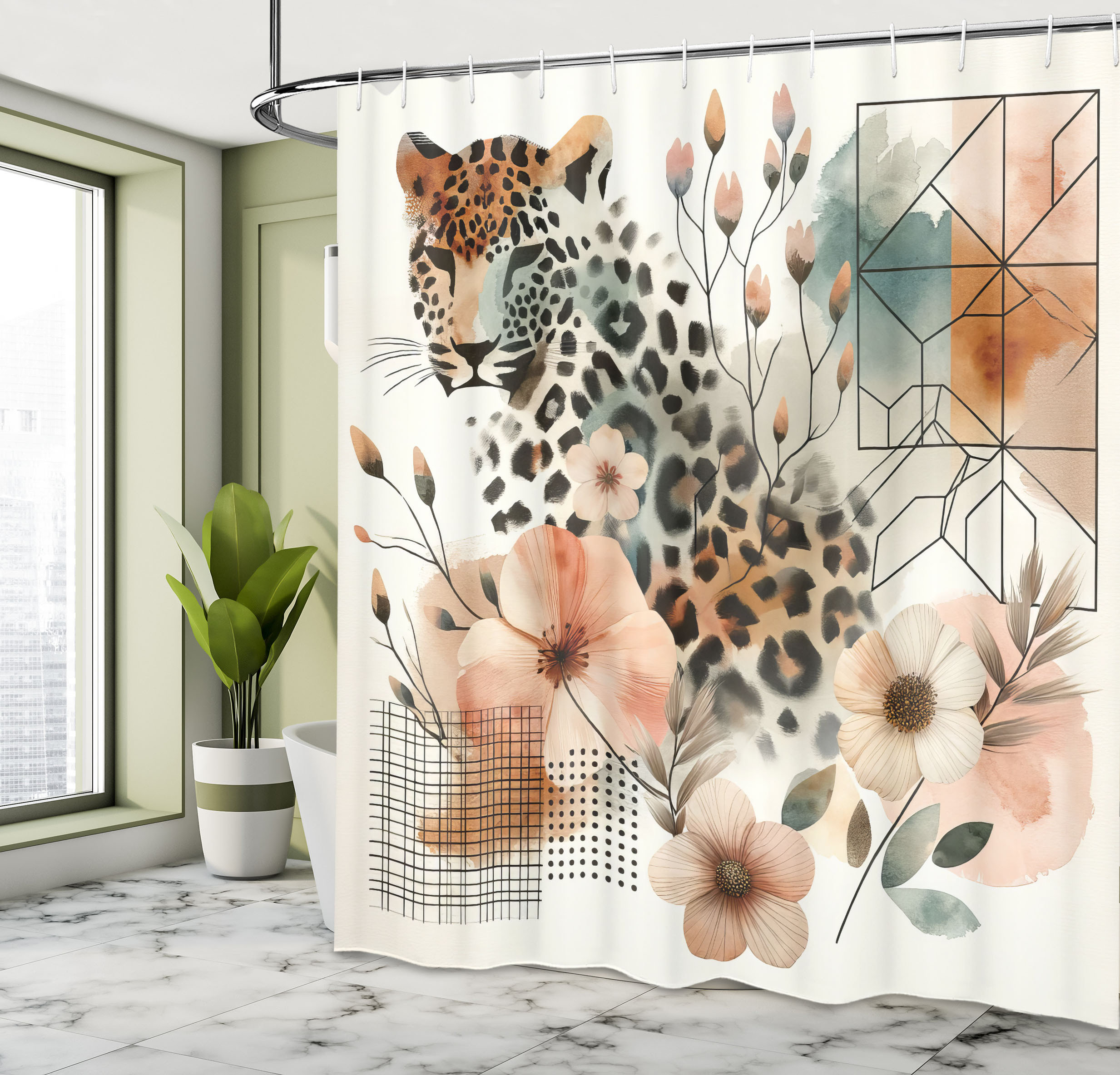 Ambesonne Leopard Shower Curtain Tender Abloom Watercolor in Peach ...