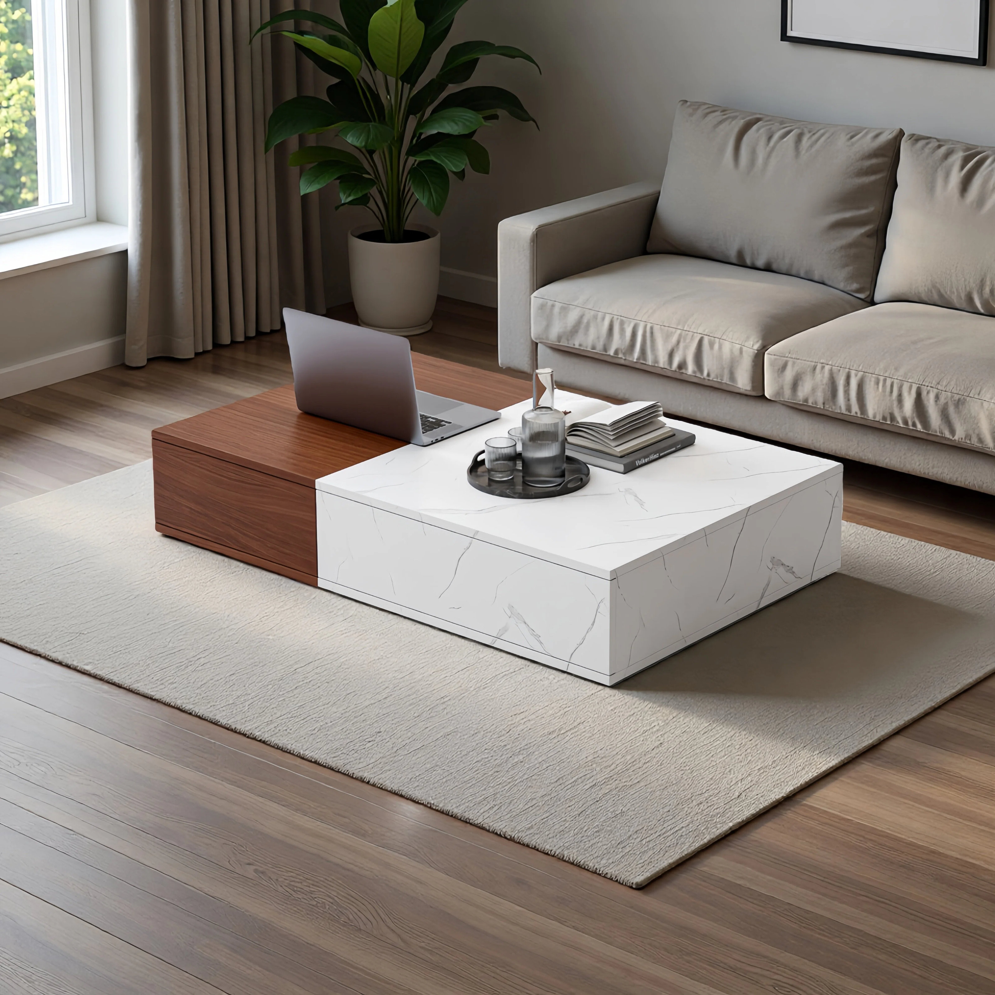 Latitude Run® Modern Style Walnut Coffee Table With Two Storage Spaces ...