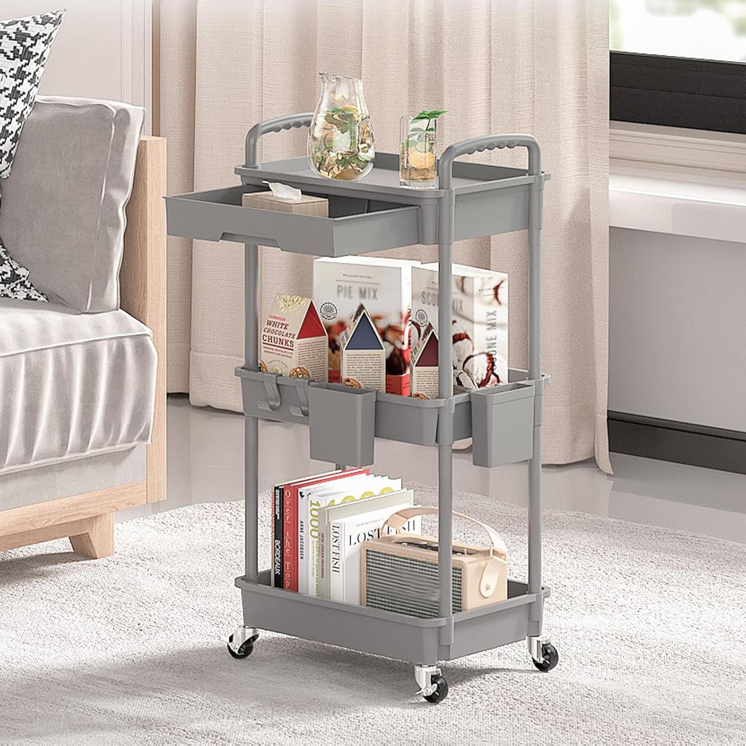 Ebern Designs Carts With Wheels Handles Hanging Cups Hooks For Office ...