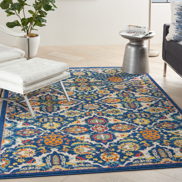 Bungalow Rose Whiteley Oriental Navy Blue/Yellow/White Area Rug ...