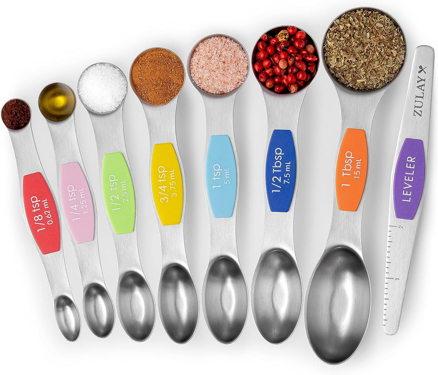Zulay Kitchen Magnetic Spoons Set of 8 Dual Sided Spice Jars Spoons Set ...