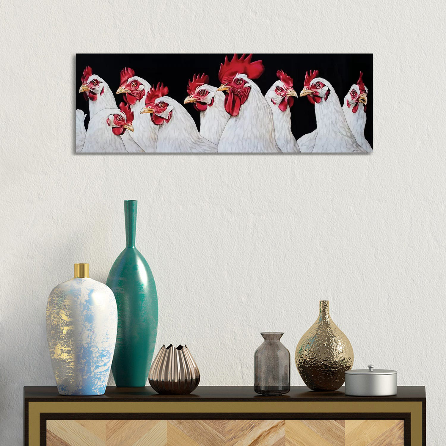 East Urban Home Rooster and Harem - Panoramic Graphic Art Print on ...