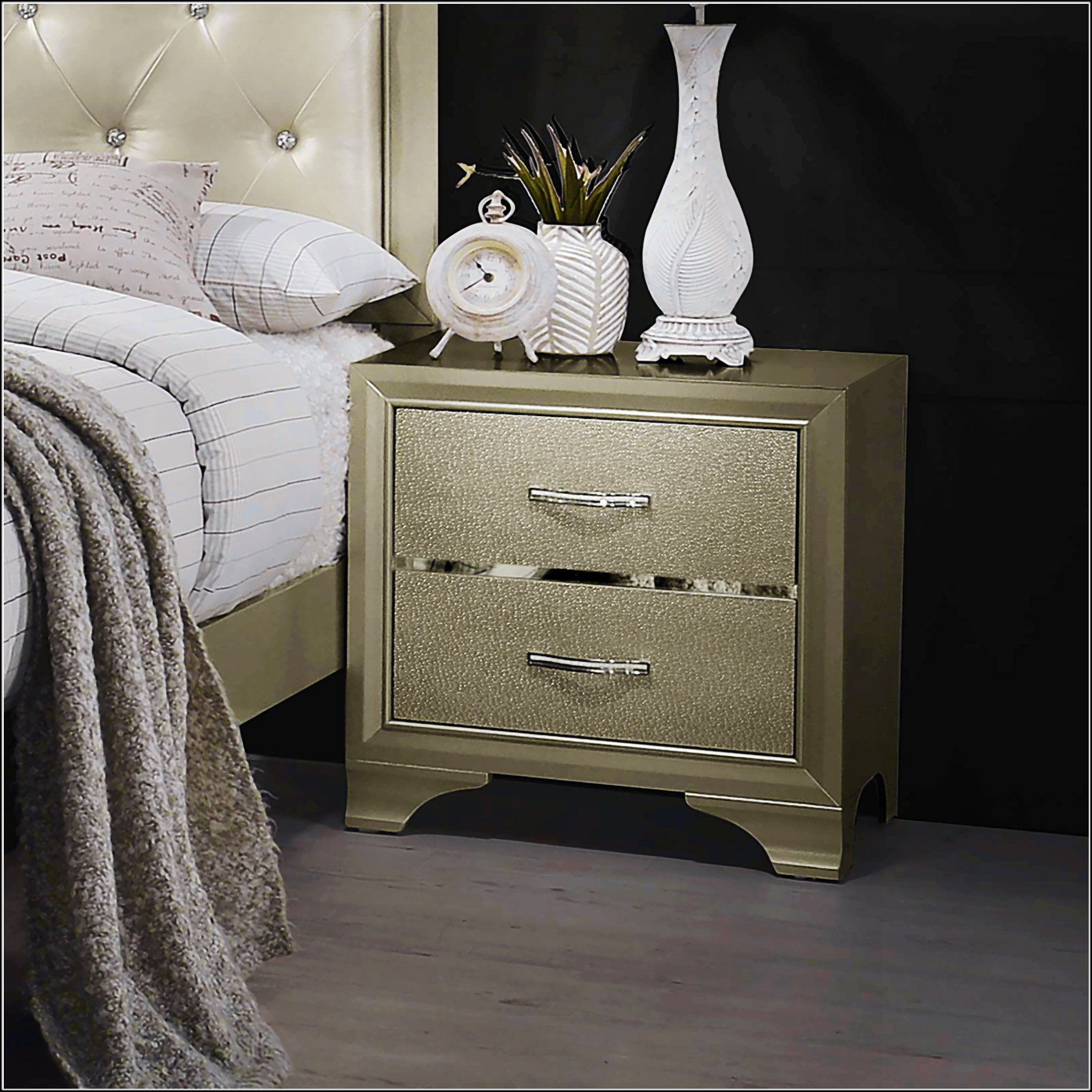 Mercer41 Chic Champagne Nightstand With Two Drawers And Glamorous ...