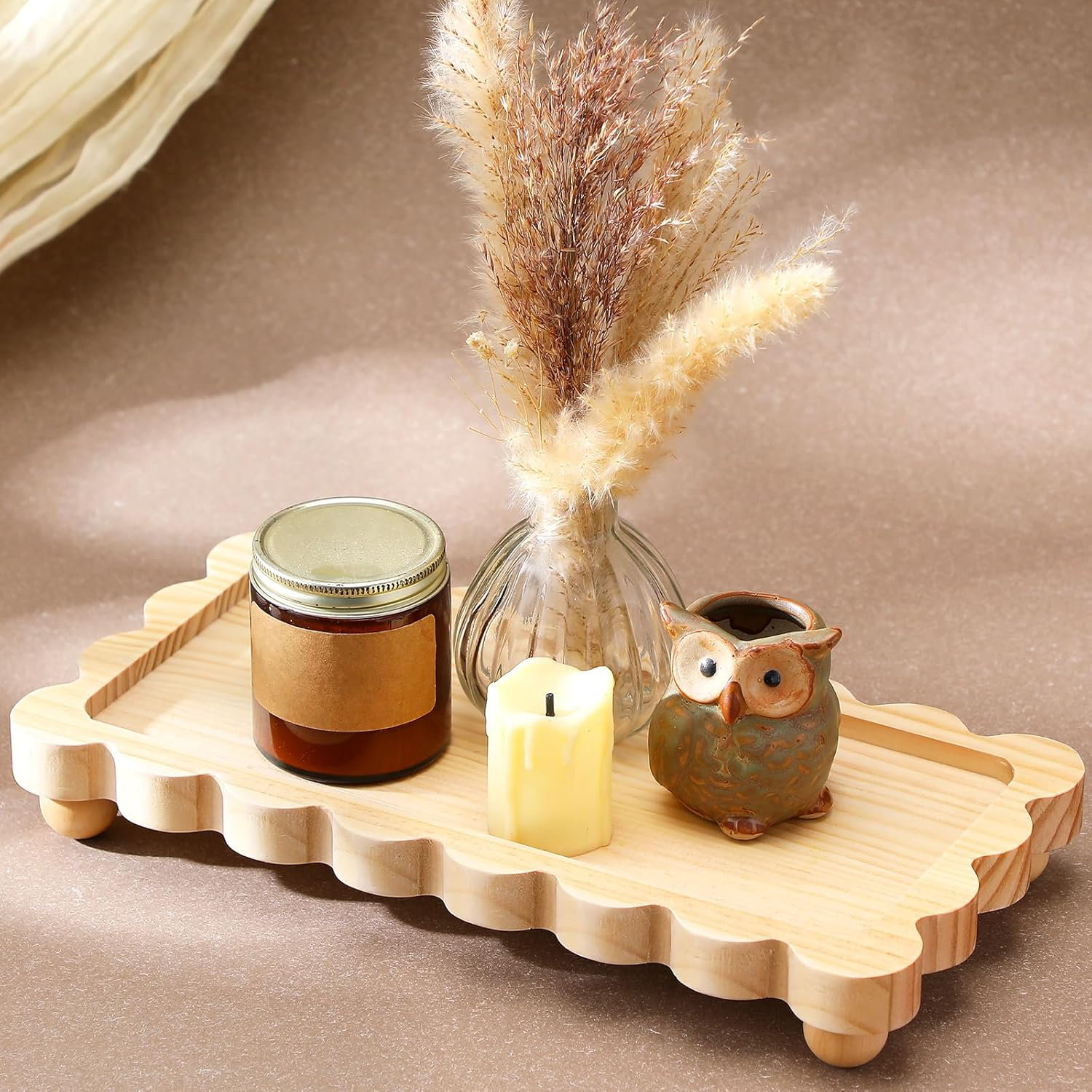 Loon Peak® Decorative Tray With Scalloped Edge Wooden Rectangle Vanity ...