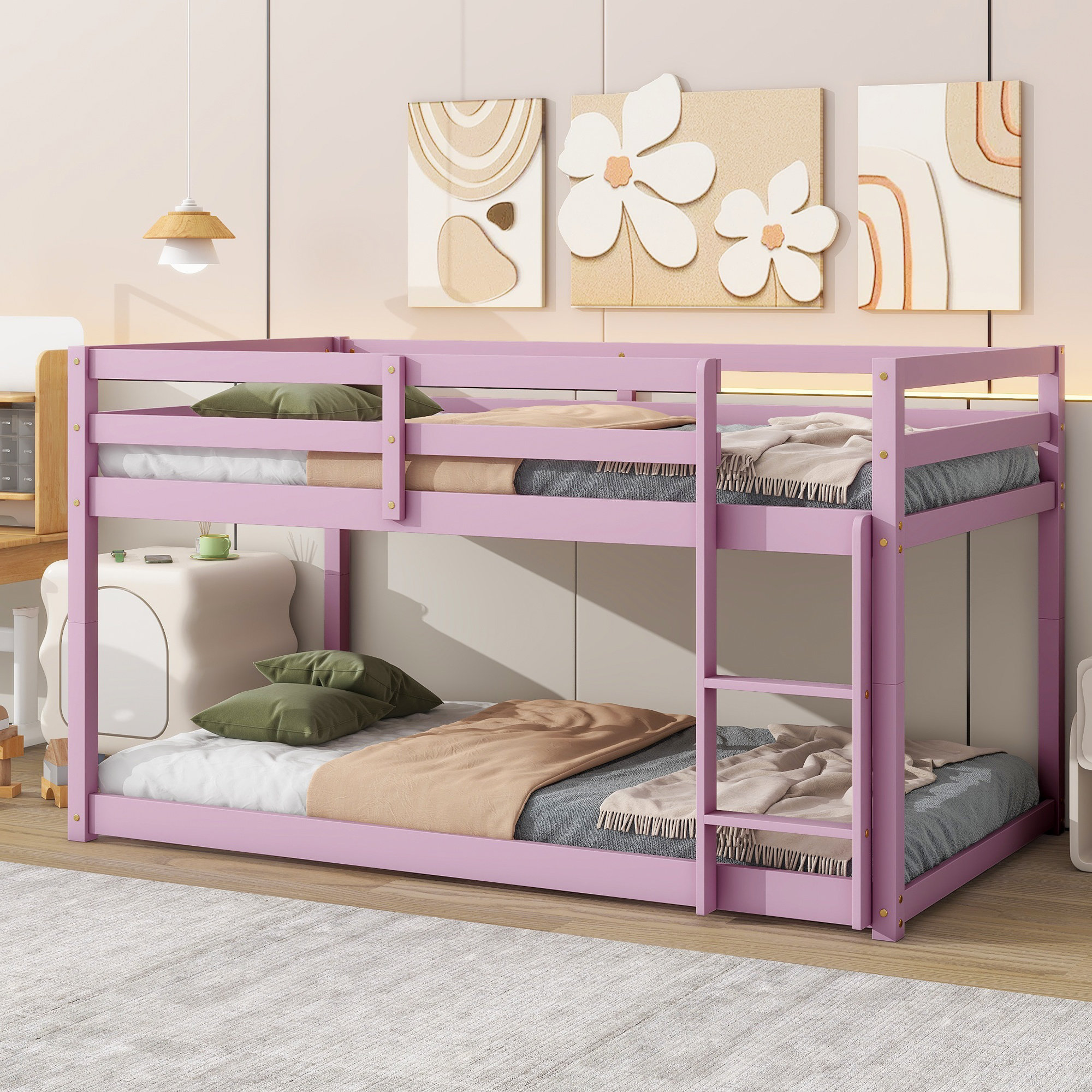 Ivy Bronx Pink Twin over Twin Loft Bed with Ladder, Solid Wood & Rubber ...
