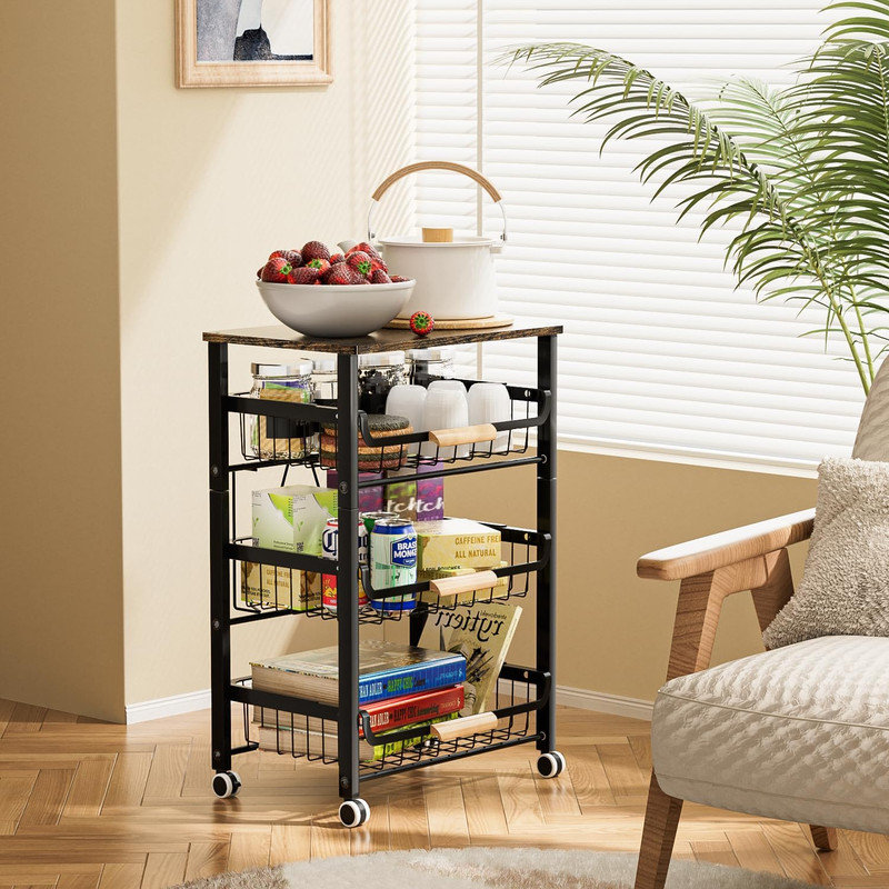 17 Stories Wooden Rolling Kitchen Fruit Basket with Sliding Storage ...