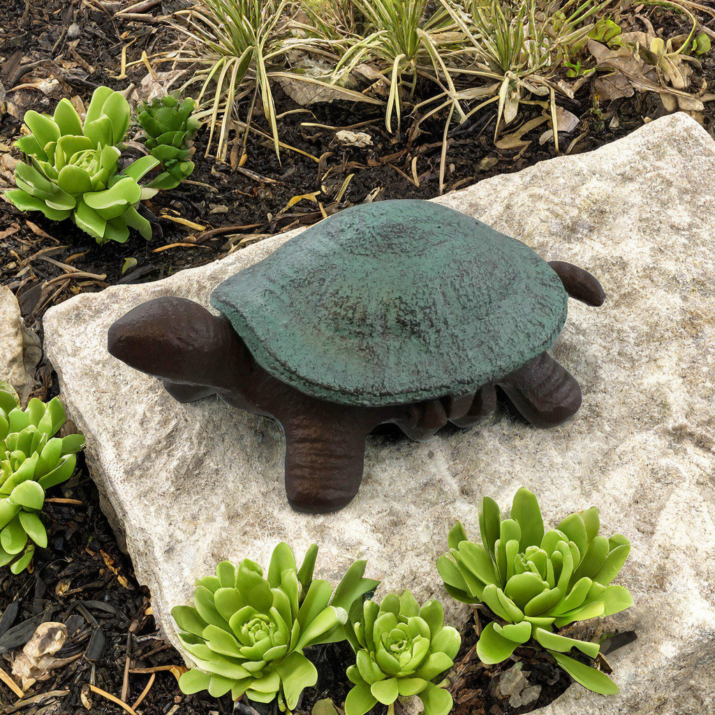 Bay Isle Home™ Turtle Key Hider Figurine - Cast Iron Garden Statue with ...
