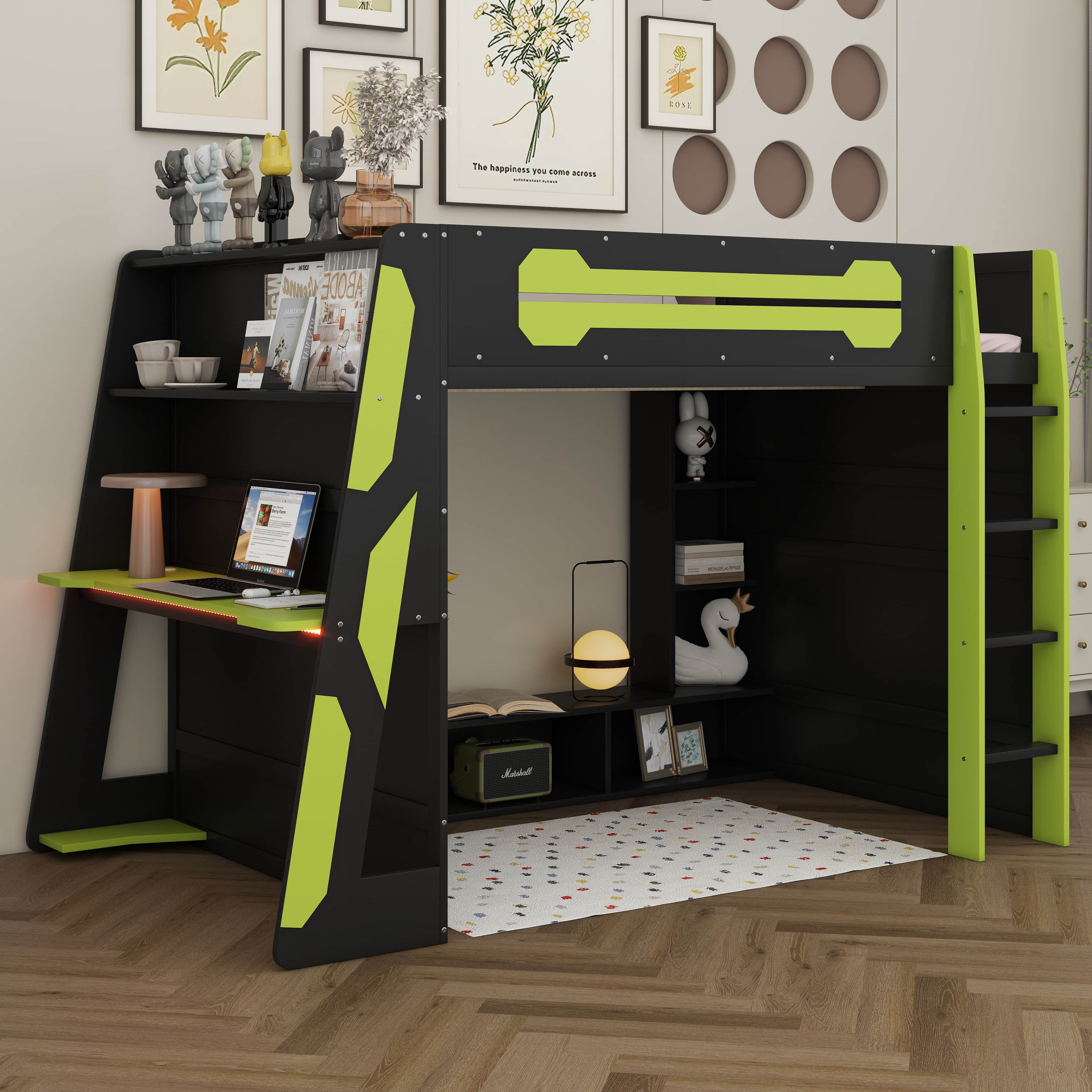 Harriet Bee Full Size Modern Gaming Loft Bed With Built-In Desk And ...