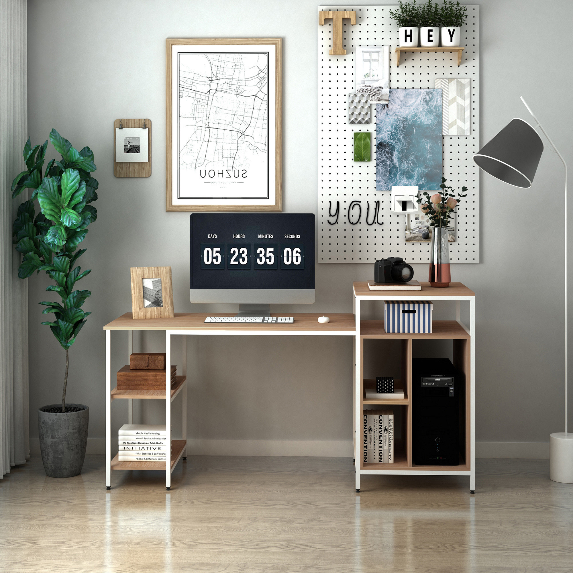 Latitude Run® 68 Inch Office Table Computer Desk Workstation Bookshelf ...