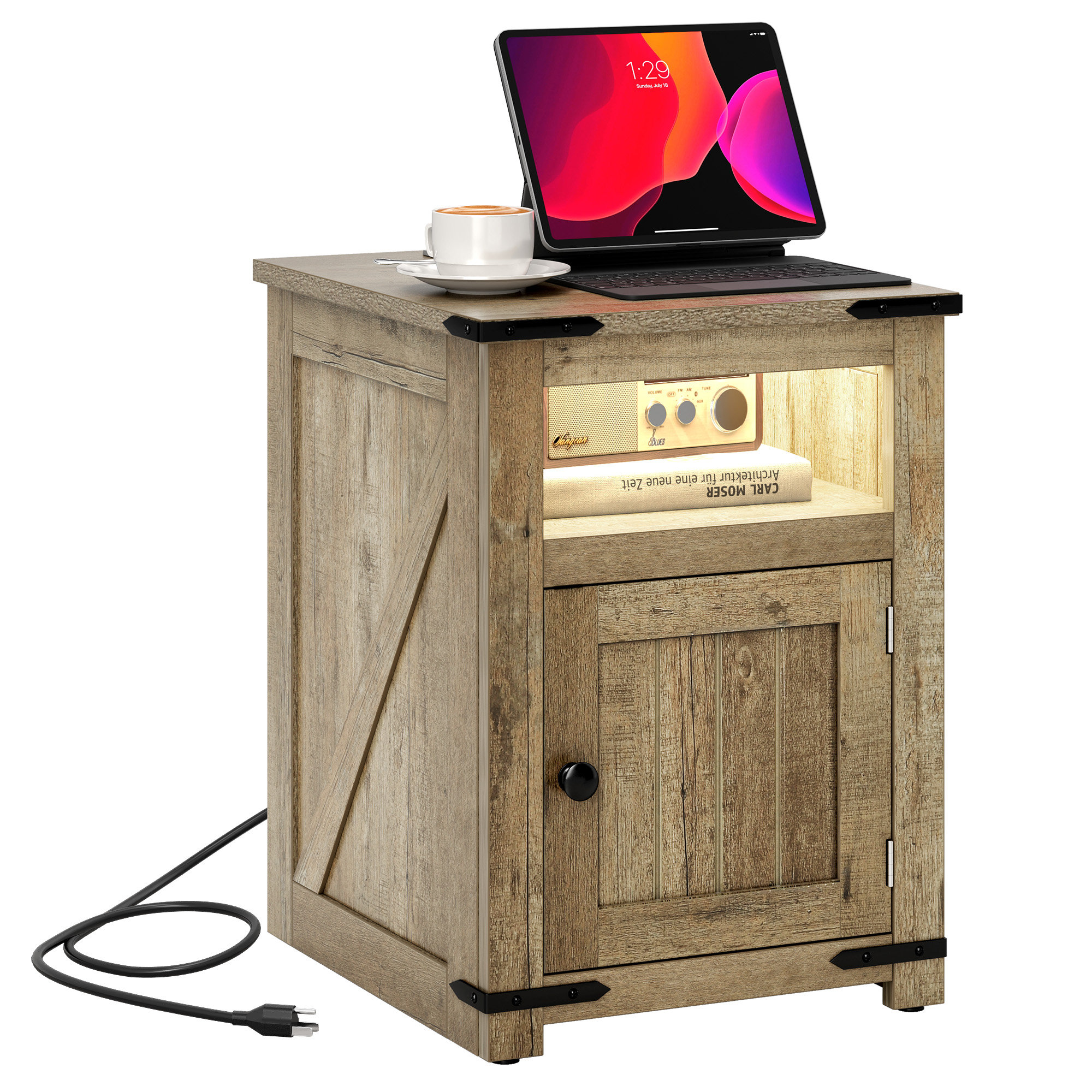 Gracie Oaks Farmhouse Nightstand With Power Outlets & LED Lights ...