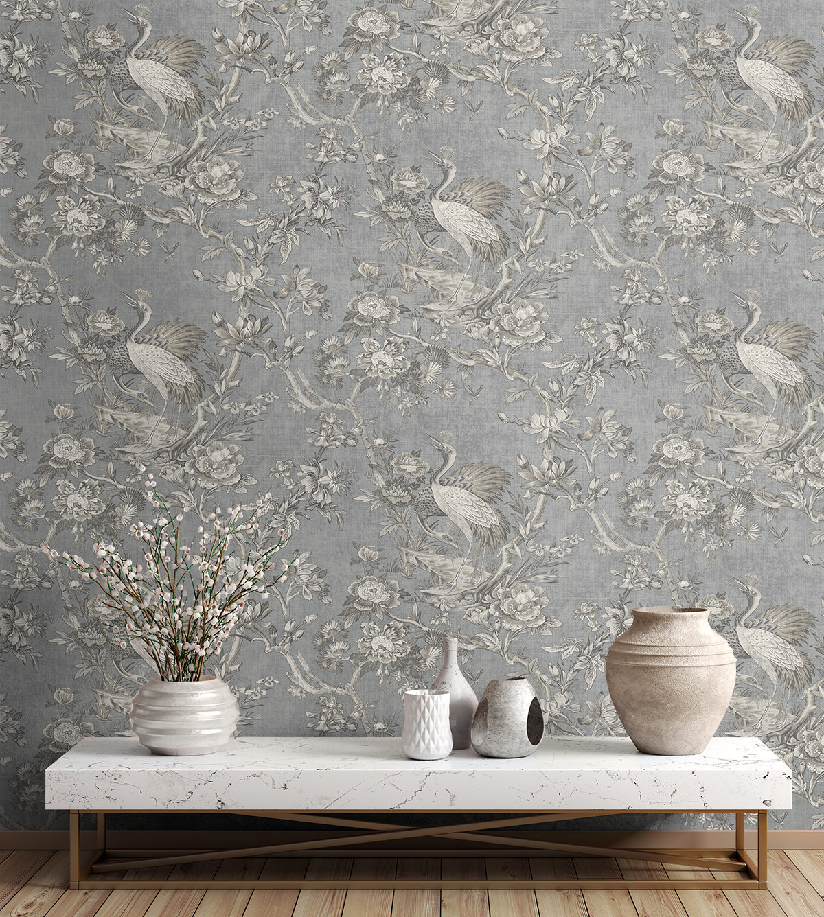 Lark Manor Winship Matte Pewter Alice Crane Toile Unpasted Wallpaper ...