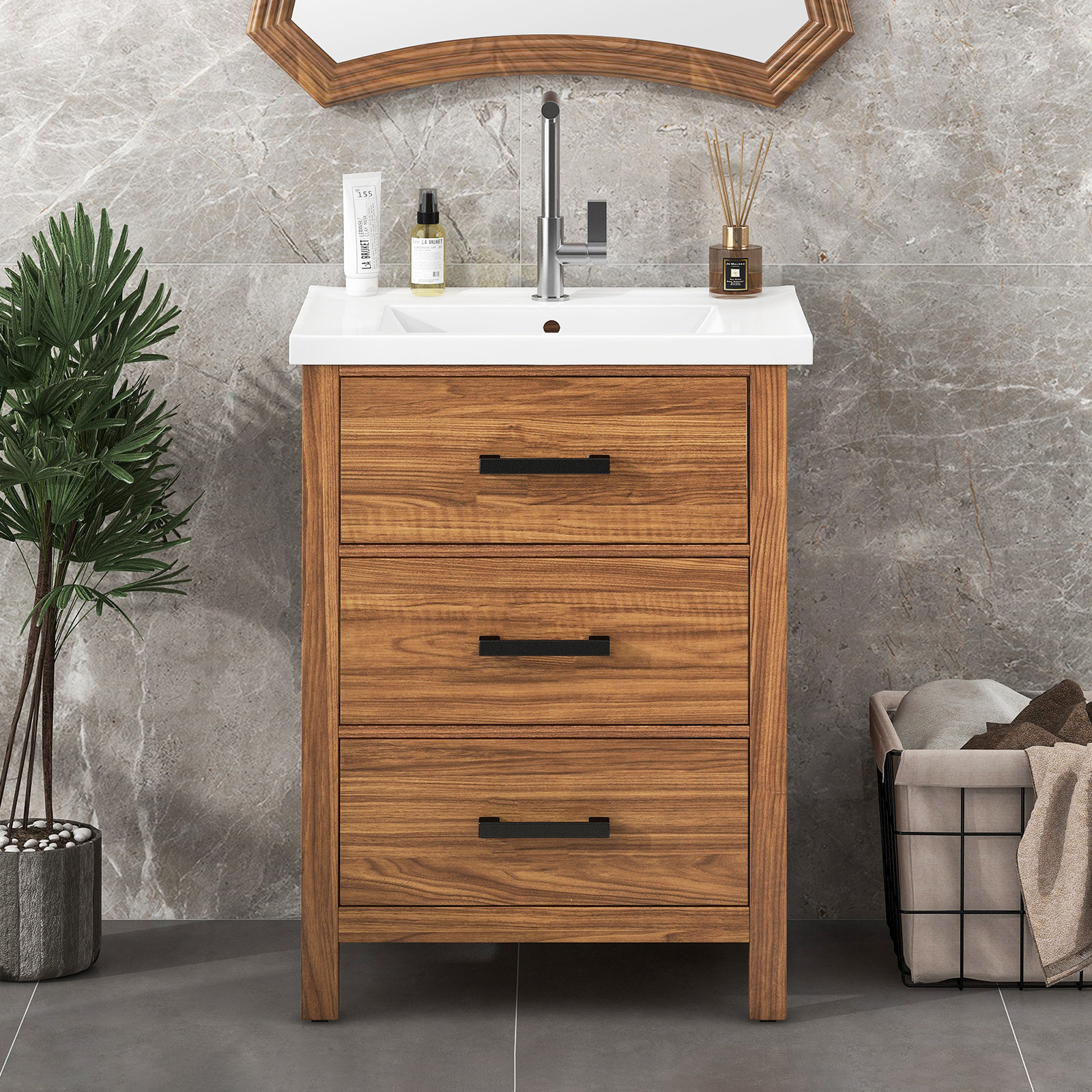 Millwood Pines Ensemble de meuble-lavabo simple 24,4 po avec plateau ...
