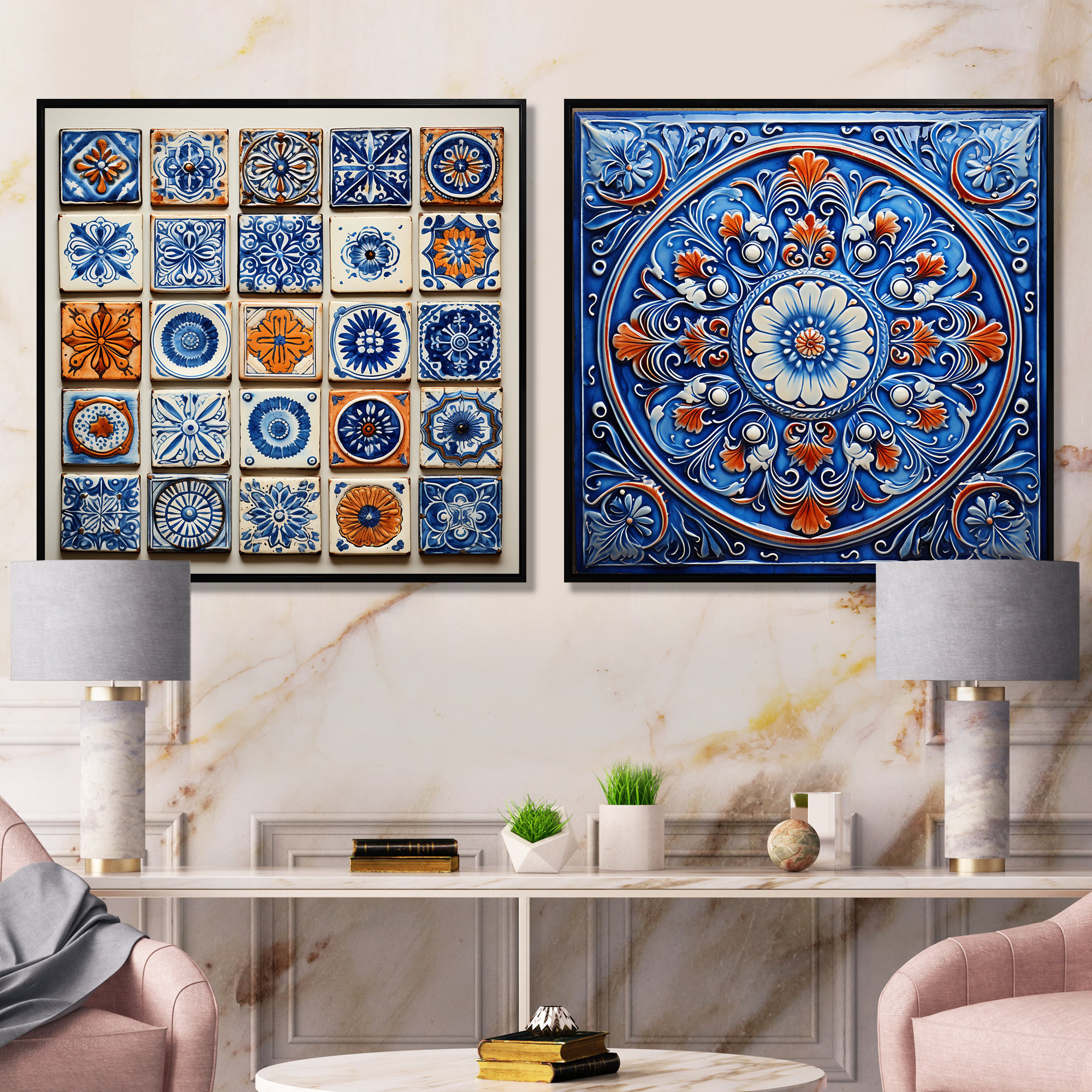 Bungalow Rose Boho Turkish Blue Tiles I - Boho Tiles Canvas Prints Set ...