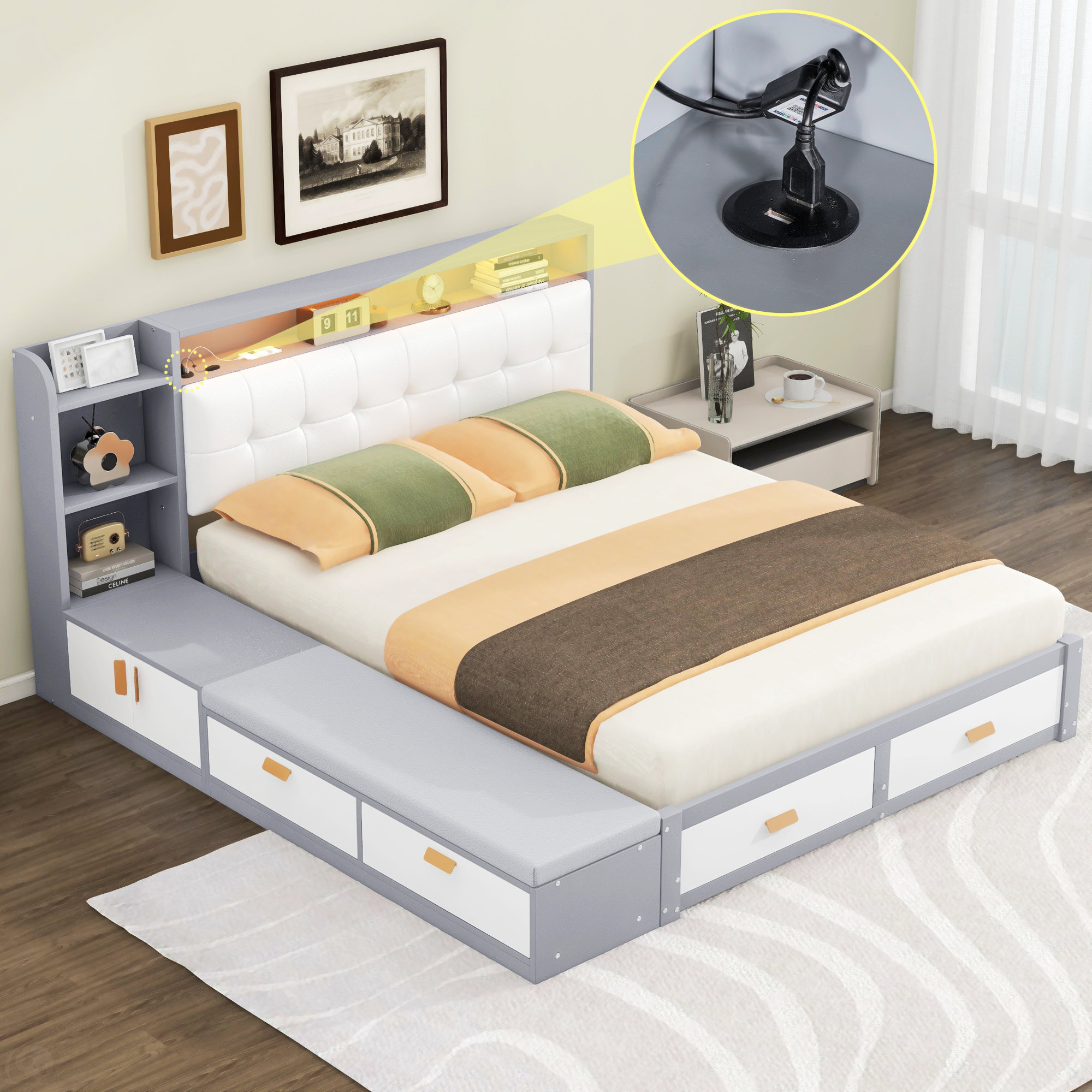 Delight Glass Queen Size Low Profile Platform Bed Frame With Upholstery ...
