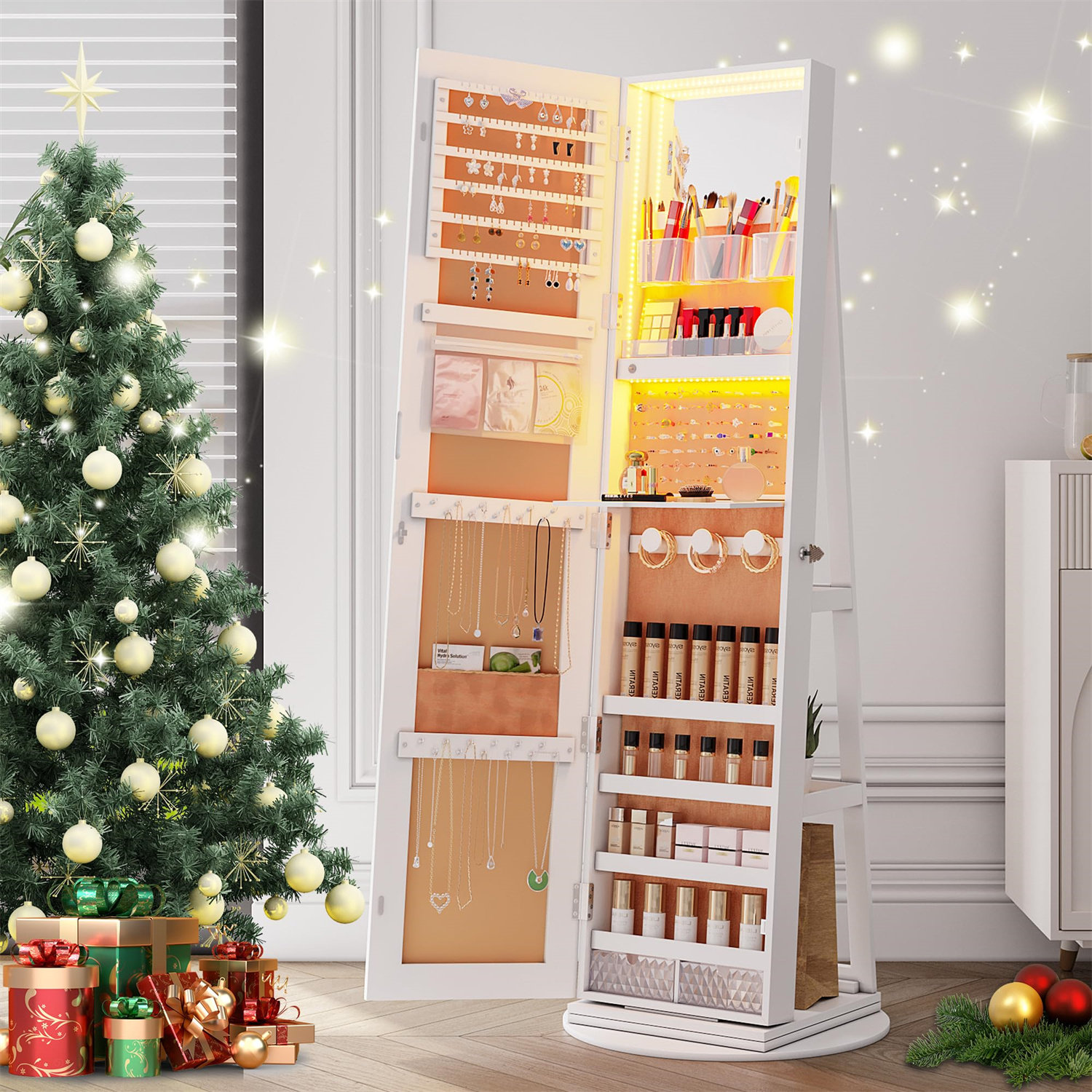 NIERBO Modern Jewelry Armoire With 360° Rotating HD Mirror - Stylish ...