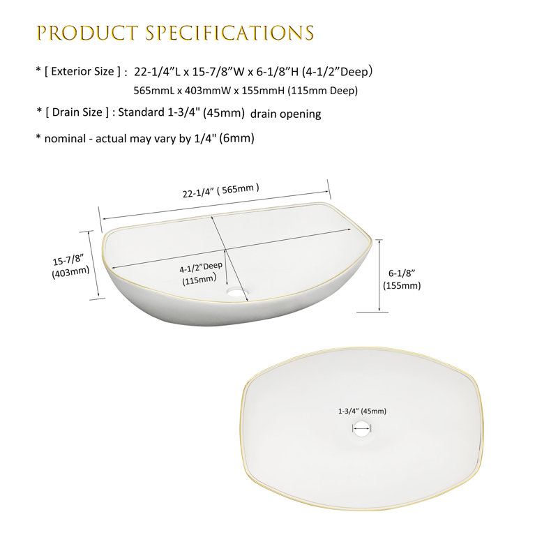 MEJE 22-Inch Luxury Gold Rim Oval Ceramic Bathroom Vessel Sink ...