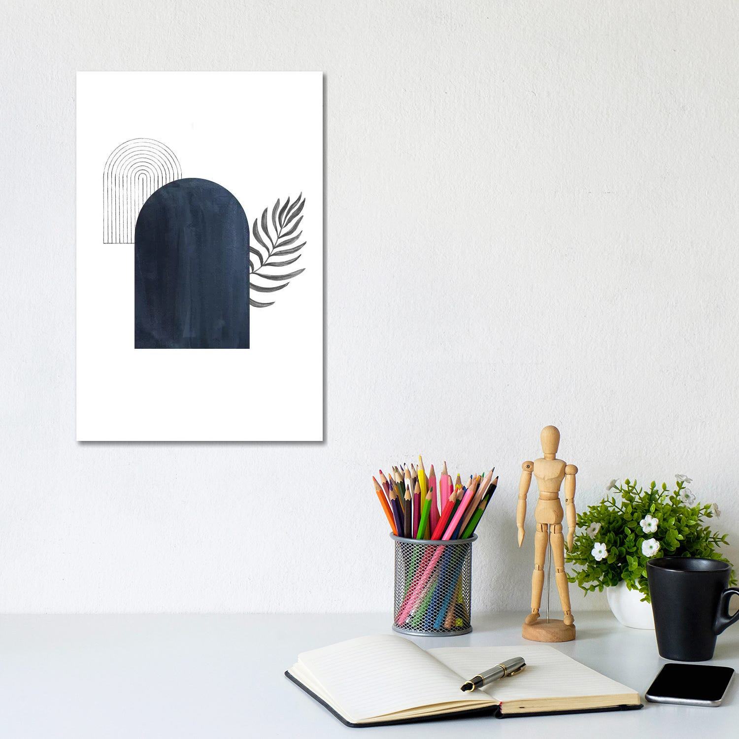 East Urban Home Navy Arch and Palm Leaf - Painting Print | Wayfair