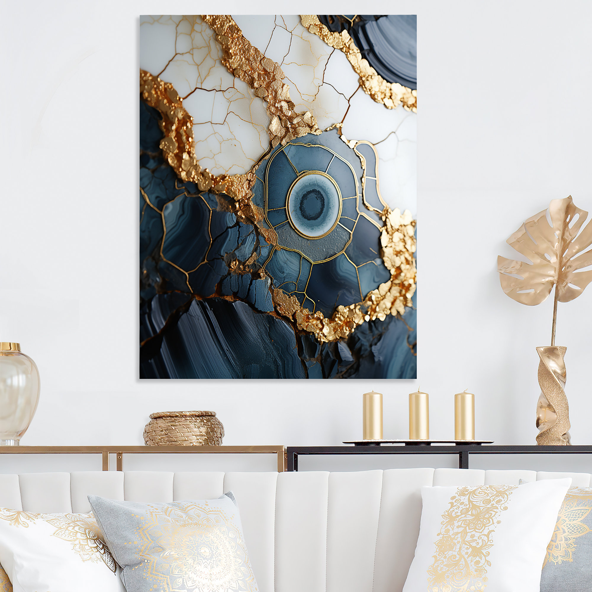 Ivy Bronx Gold And Blue Geode Art IV - Liquid Ink Abstract Metal Wall ...