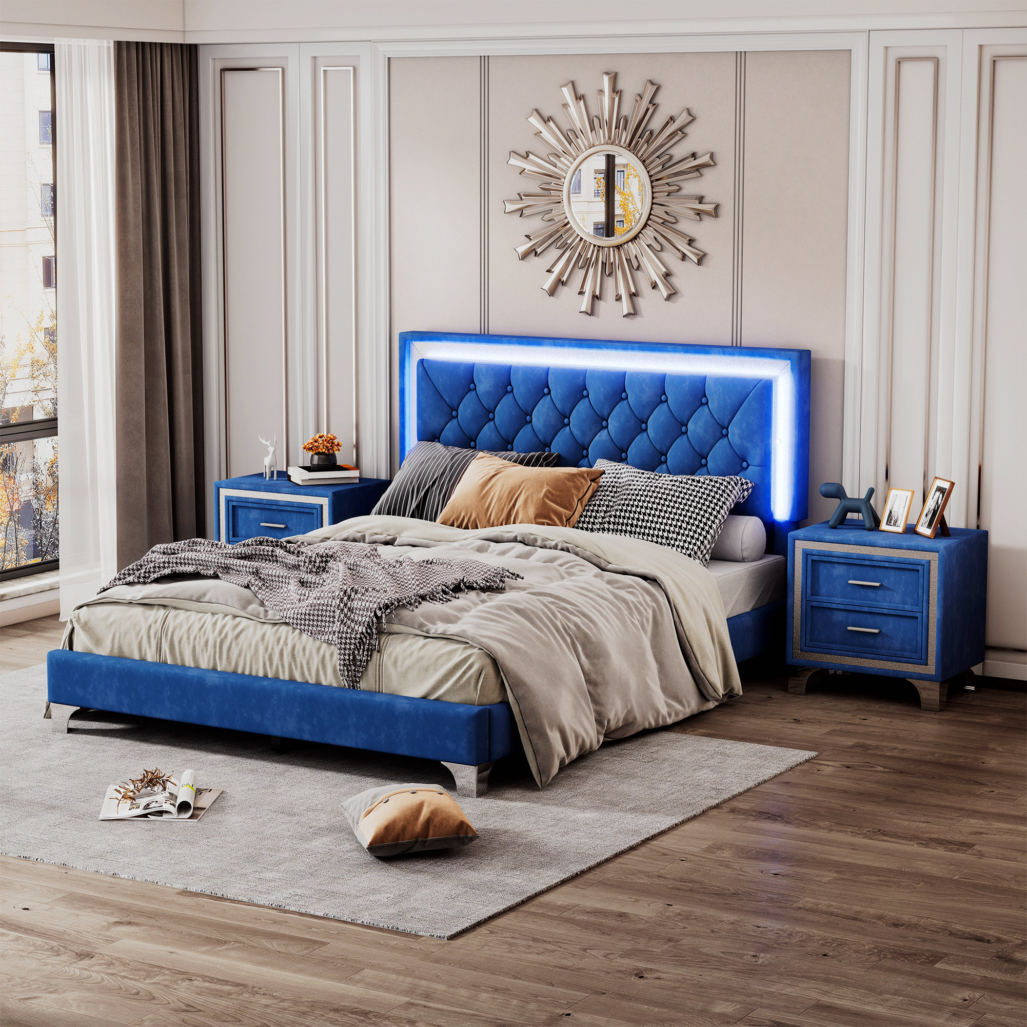 Wrought Studio Contemporary Design Bedroom Sets with LED Lights and Two Nightstands | Wayfair