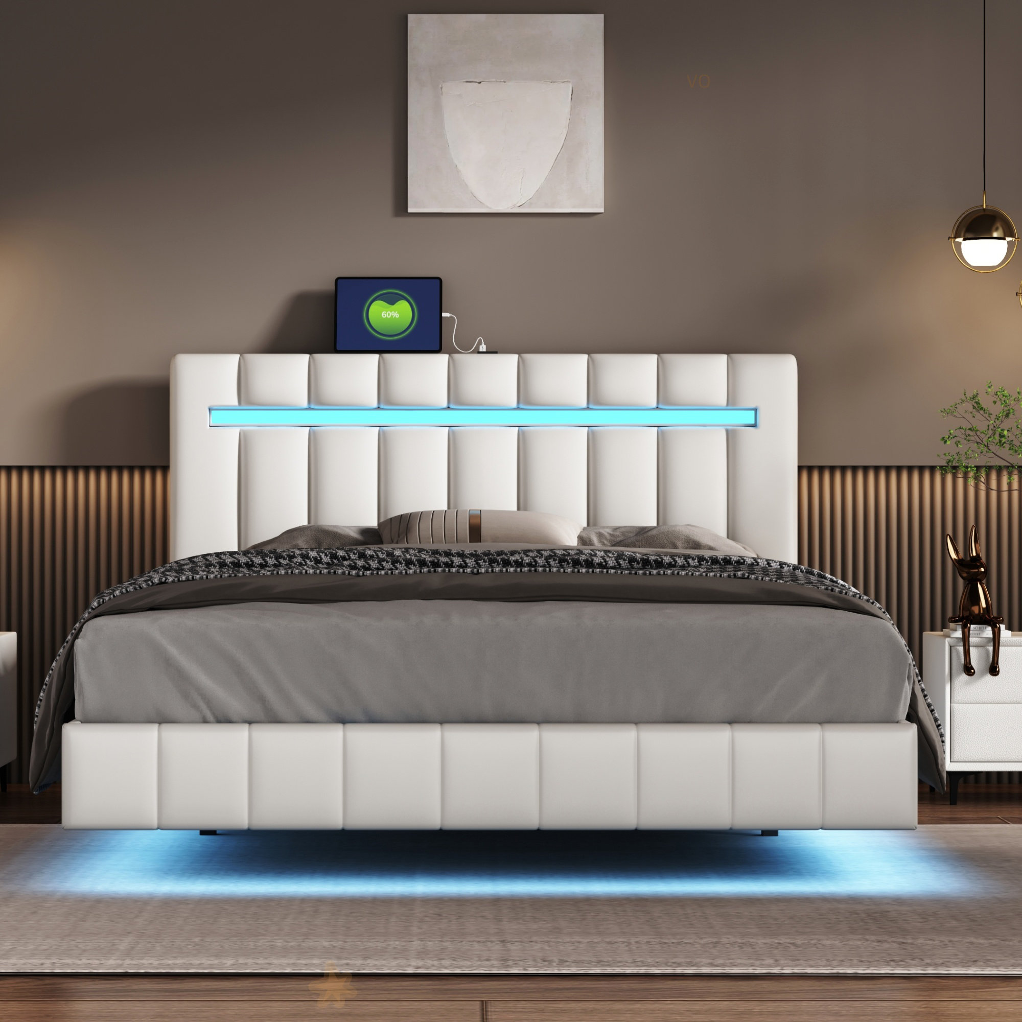 Orren Ellis Queen Size Floating Bed Frame With LED Lights And USB ...