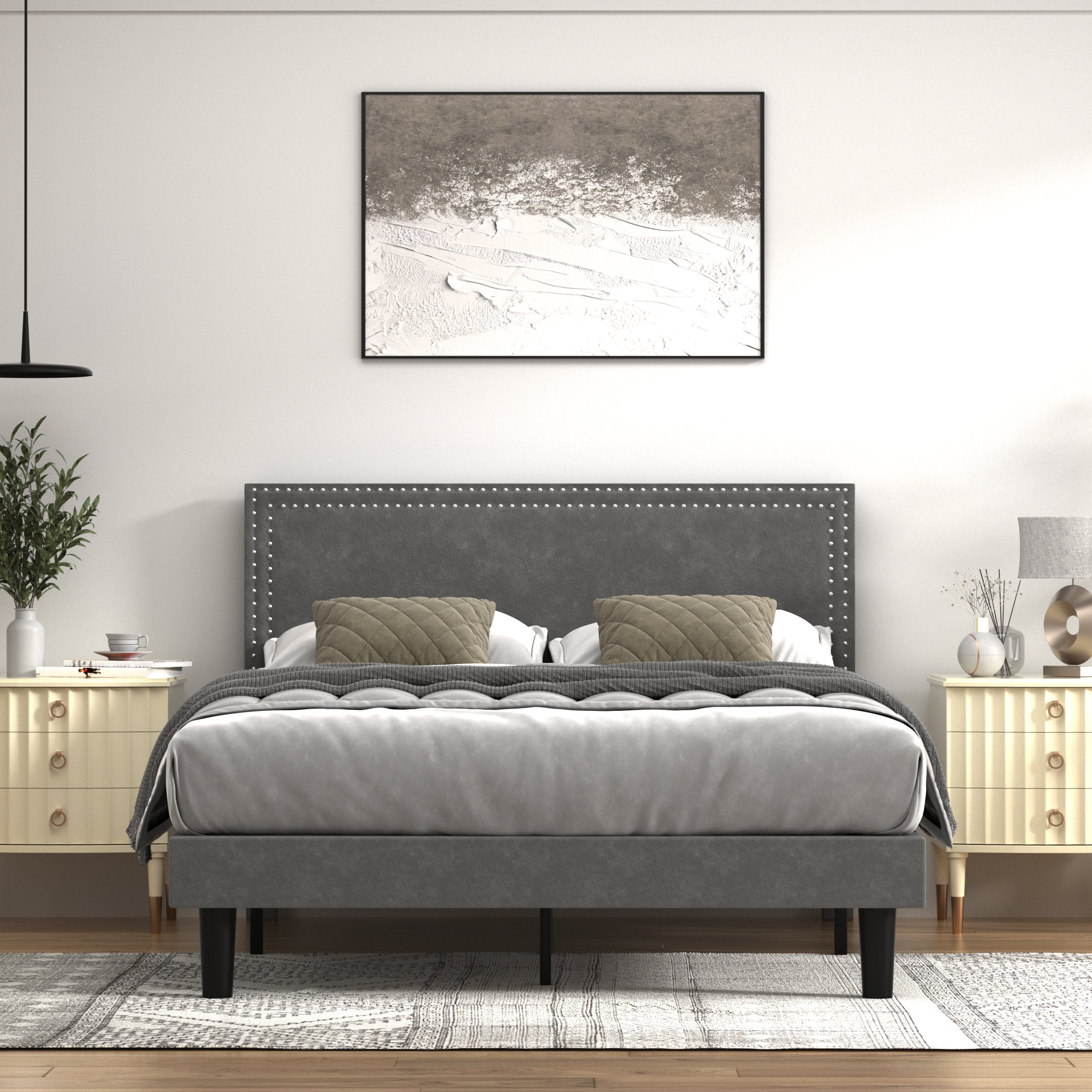 Upholstered Platform Bed Frame With Adjustable Height Fabric Headboard Strong Wood Slat Support Easy Assembly Double Size