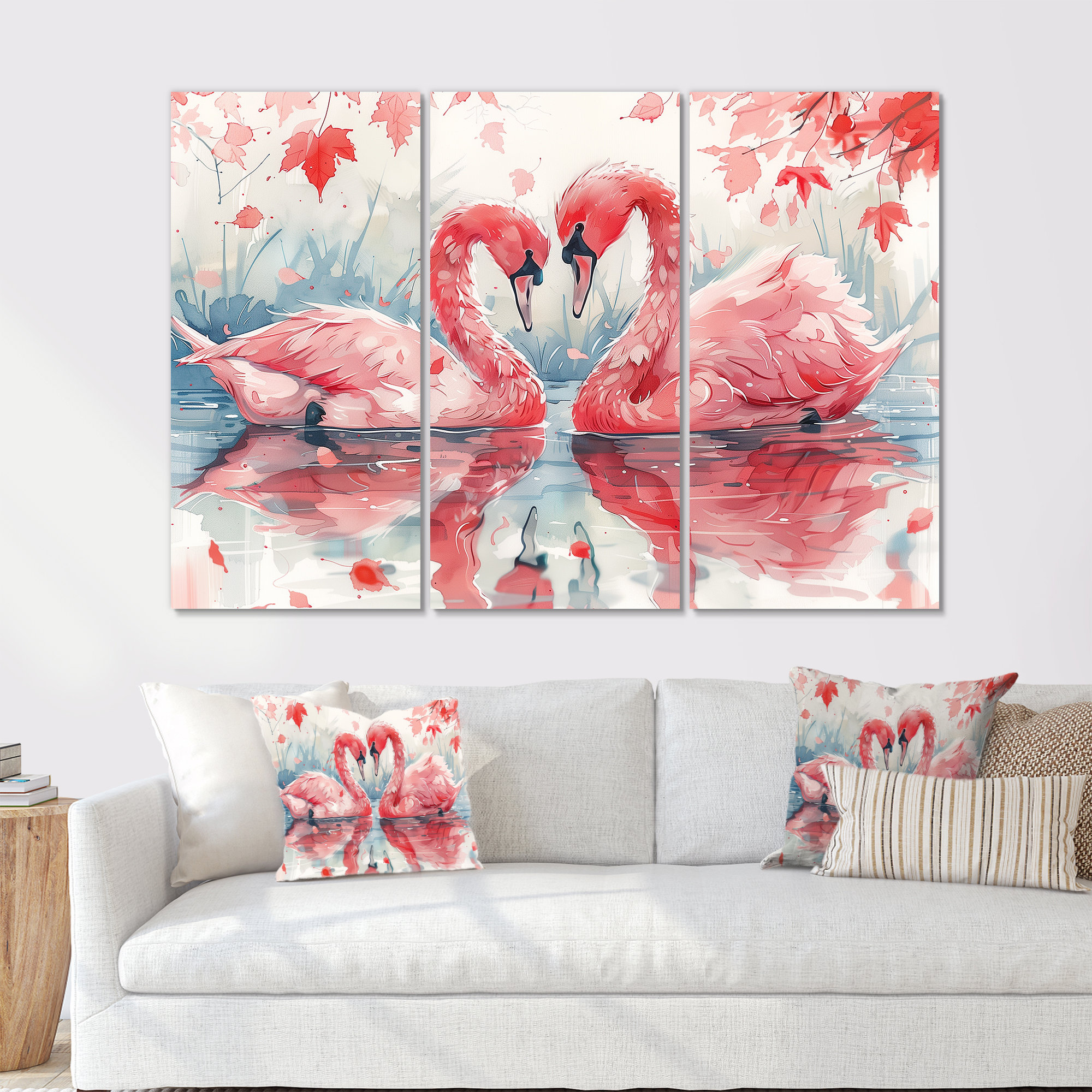 Design Art Pink White Swan Pond Romance I - Swans Animal Wall Decor Set ...
